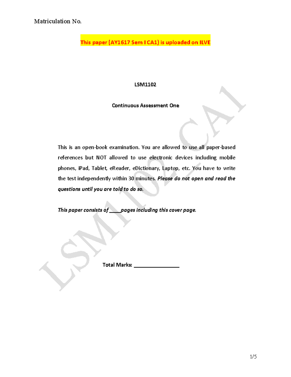 CA1 Example Paper for lsm2105, practice for CA1 - This paper (AY1617 ...