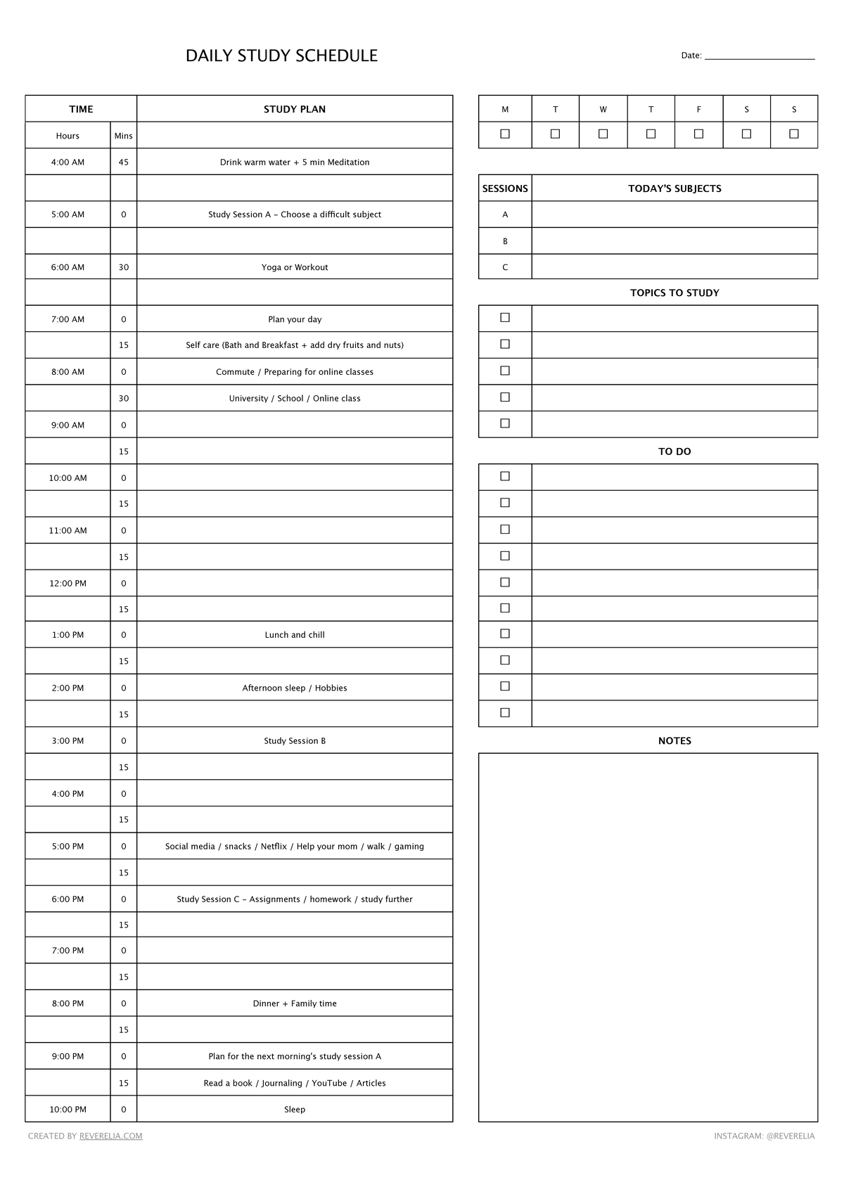Daily study schedule template printable by Reverelia oct21 - Management ...
