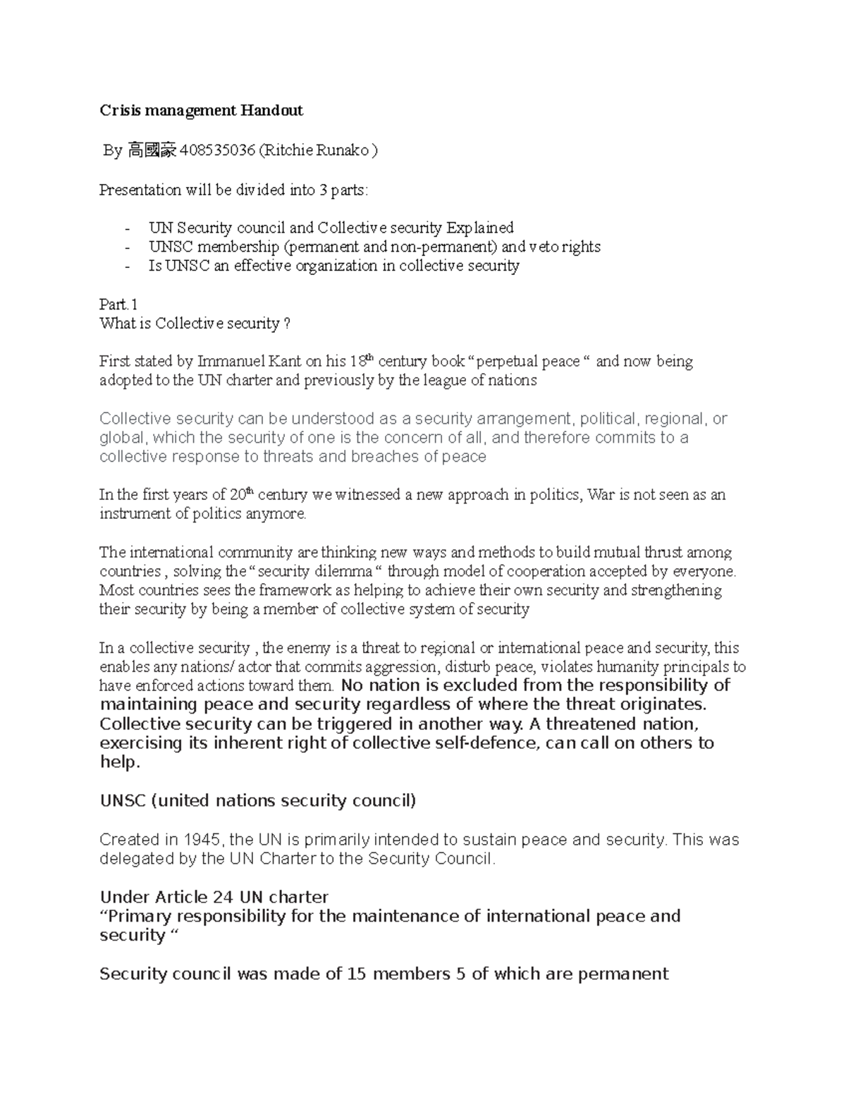 Crisis management Handout - What is Collective security? First stated by Immanuel Kant on his ...