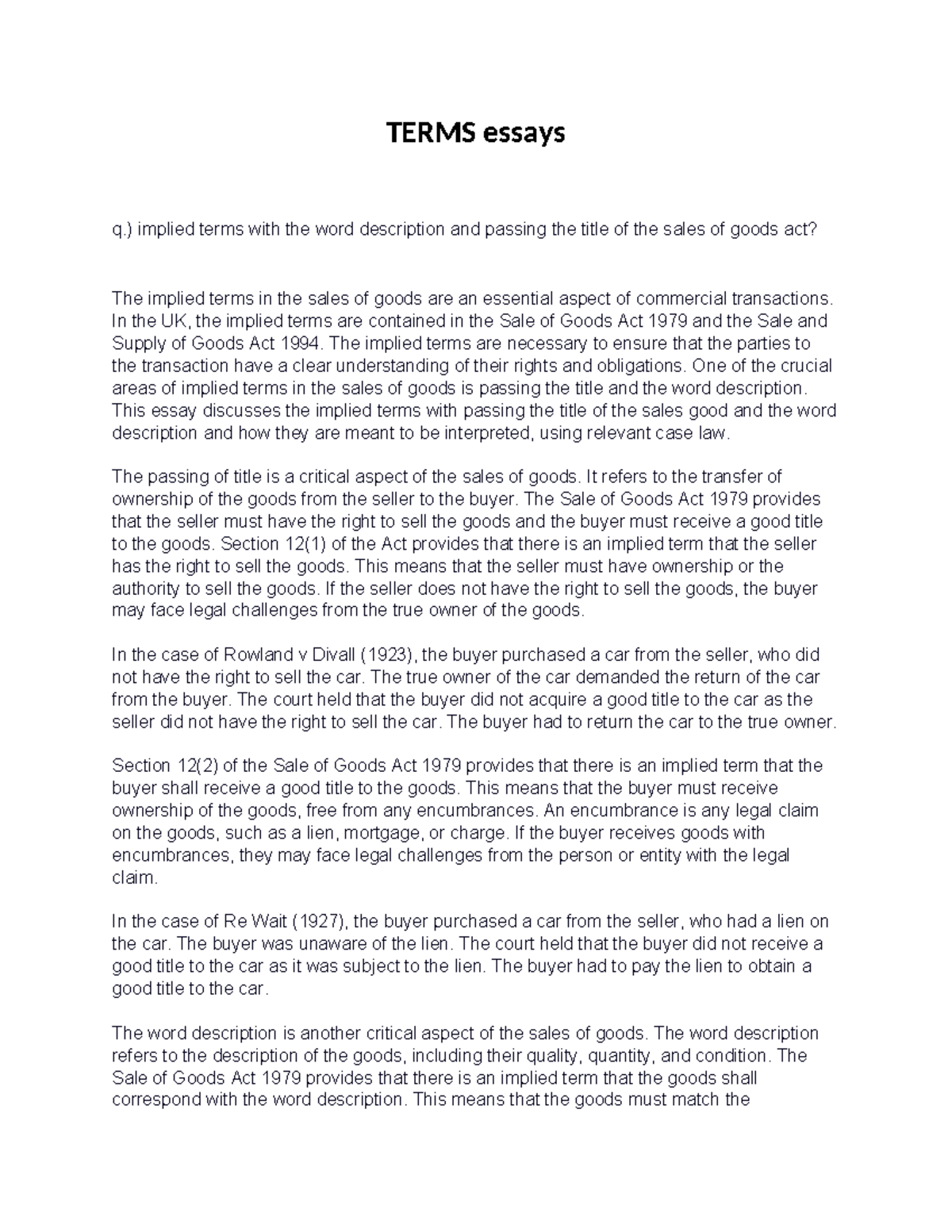 Terms essays - TERMS essays q.) implied terms with the word description ...