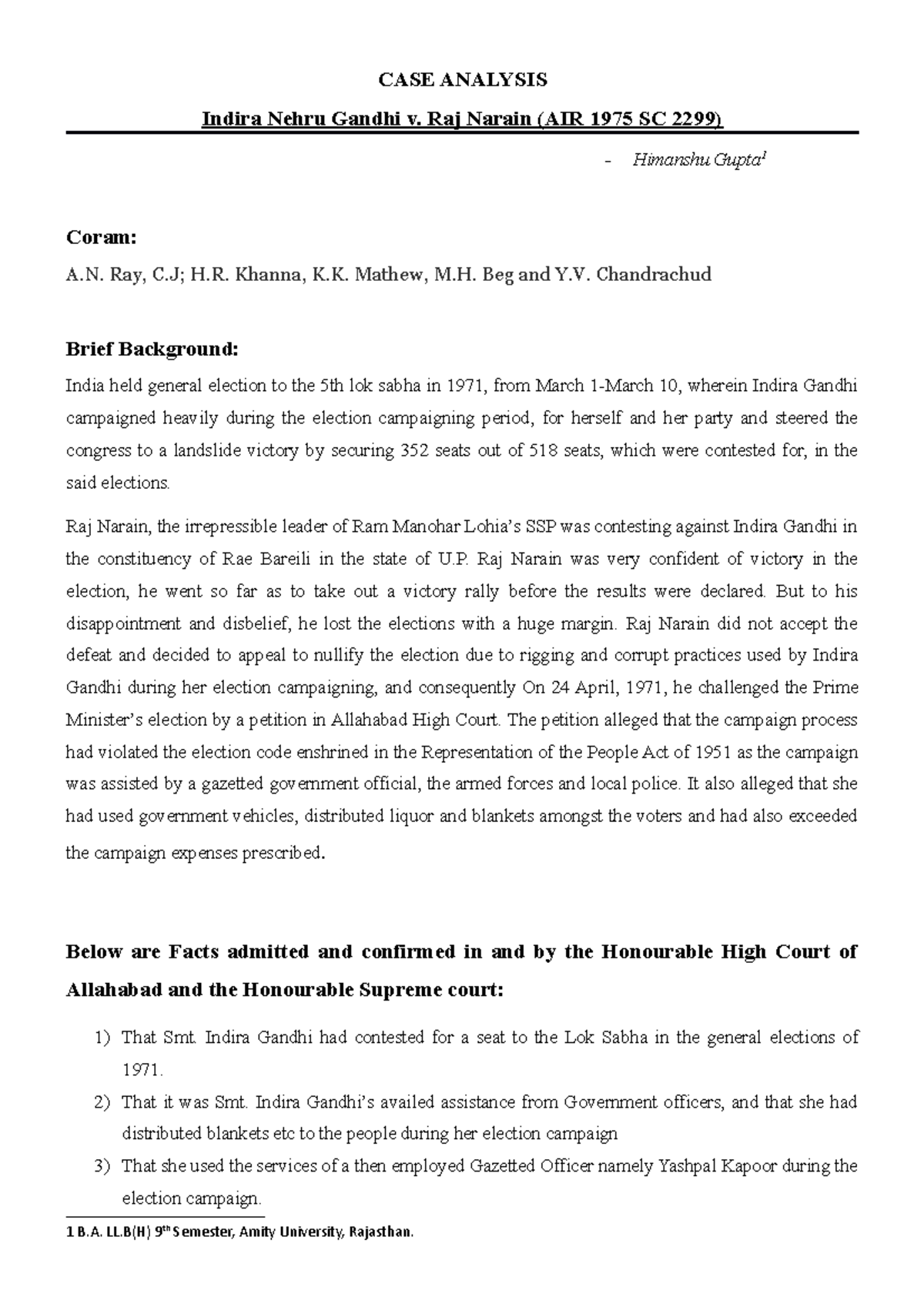 Himanshu Gupta Indira Nehru Gandhi v. Raj Narain - CASE ANALYSIS Indira ...