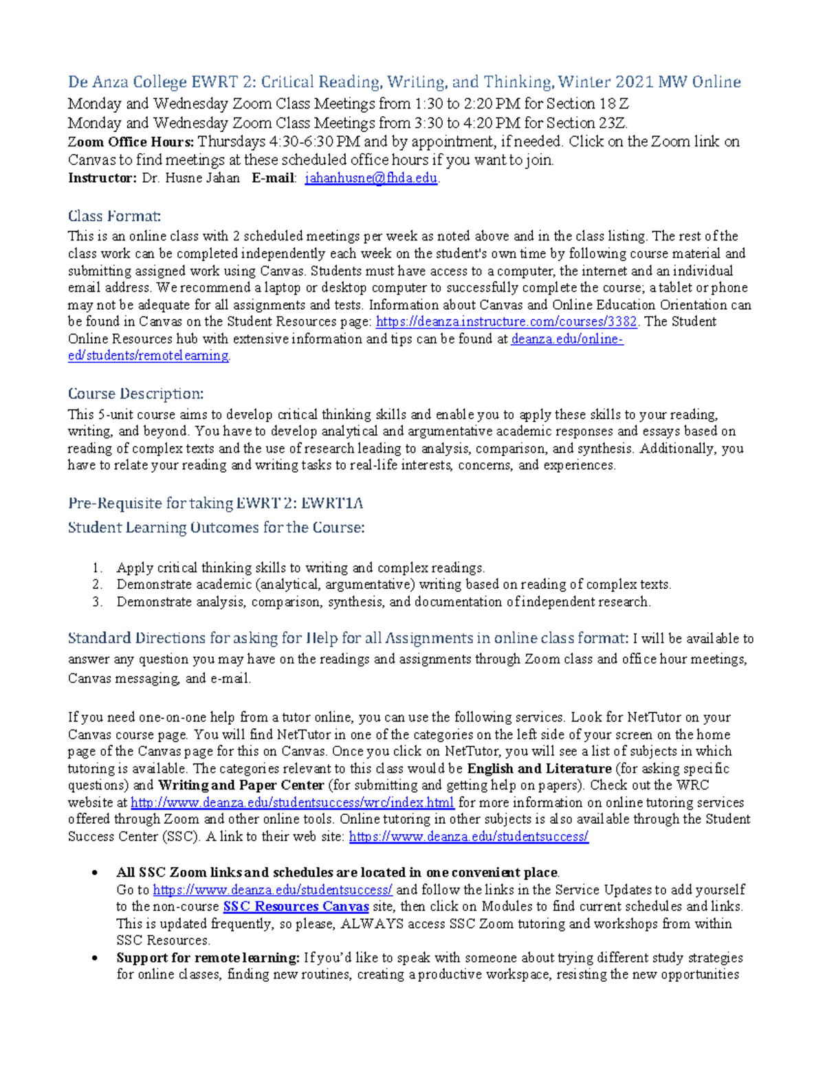 Husne Jahan - EWRT2 - SYLLABUS - EWRT 2 - De Anza - Studocu