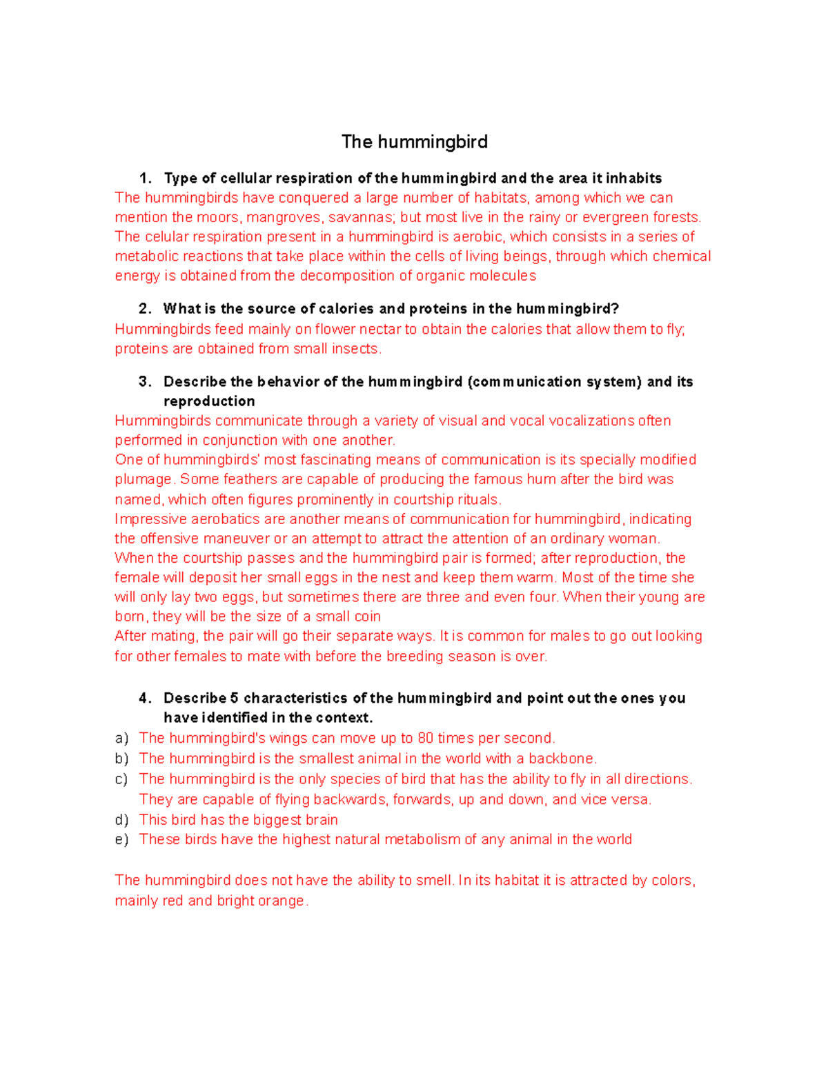 The hummingbird - Nota: 10 - The hummingbird 1. Type of cellular ...