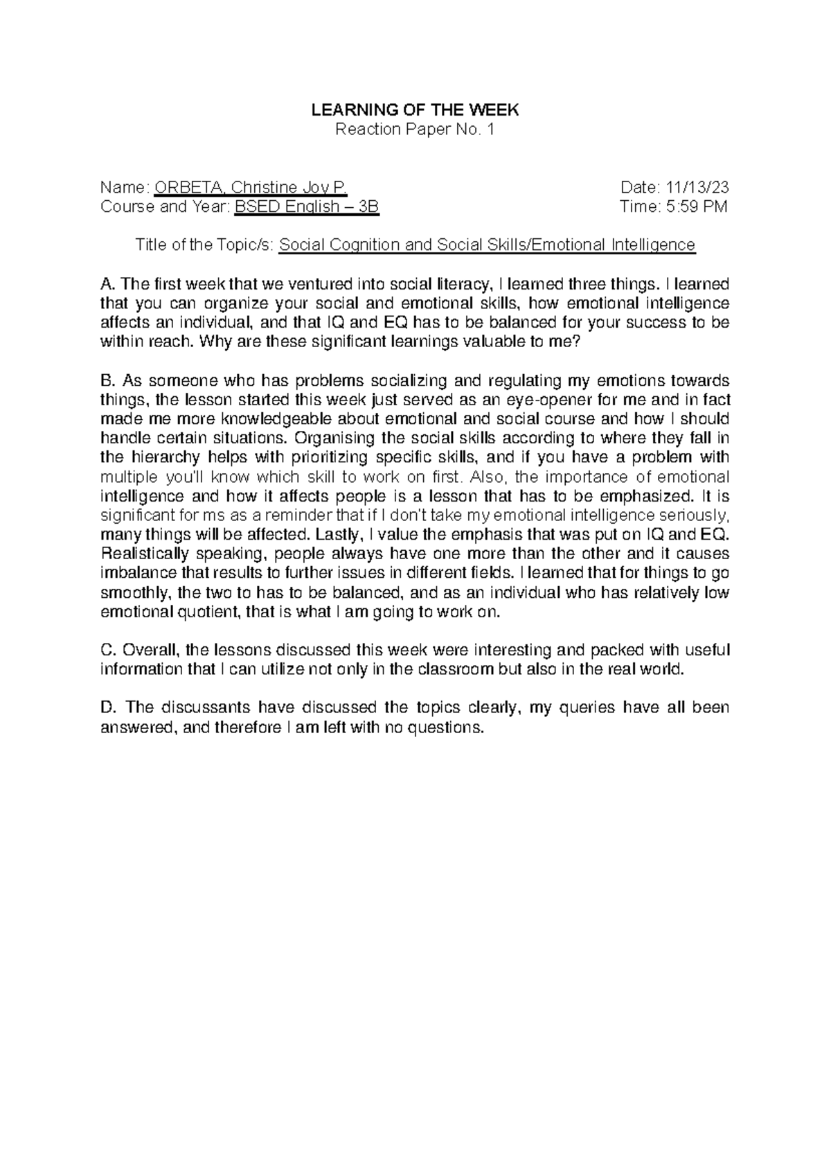 Orbeta PED 8 LOTW Midterm E-Portfolio - Reaction Paper No. 1 Name: ORBETA, Christine Joy P. Date ...