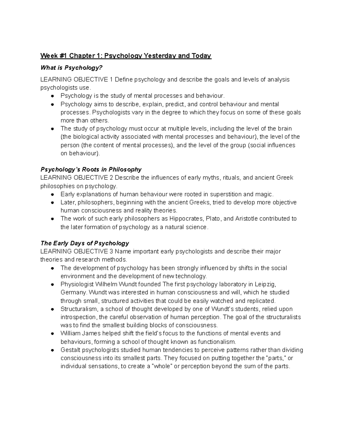 Psyc 100 textbook notes - Week #1 Chapter 1: Psychology Yesterday and ...