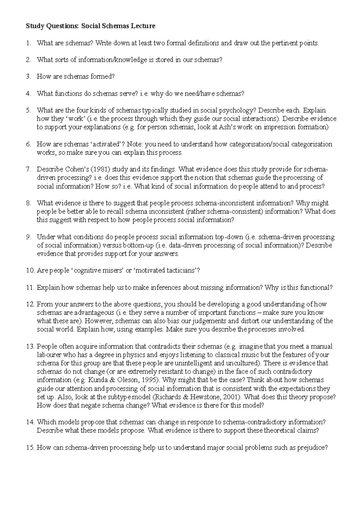 5a. Social Schemas Lecture Study Questions - Study Questions: Social ...