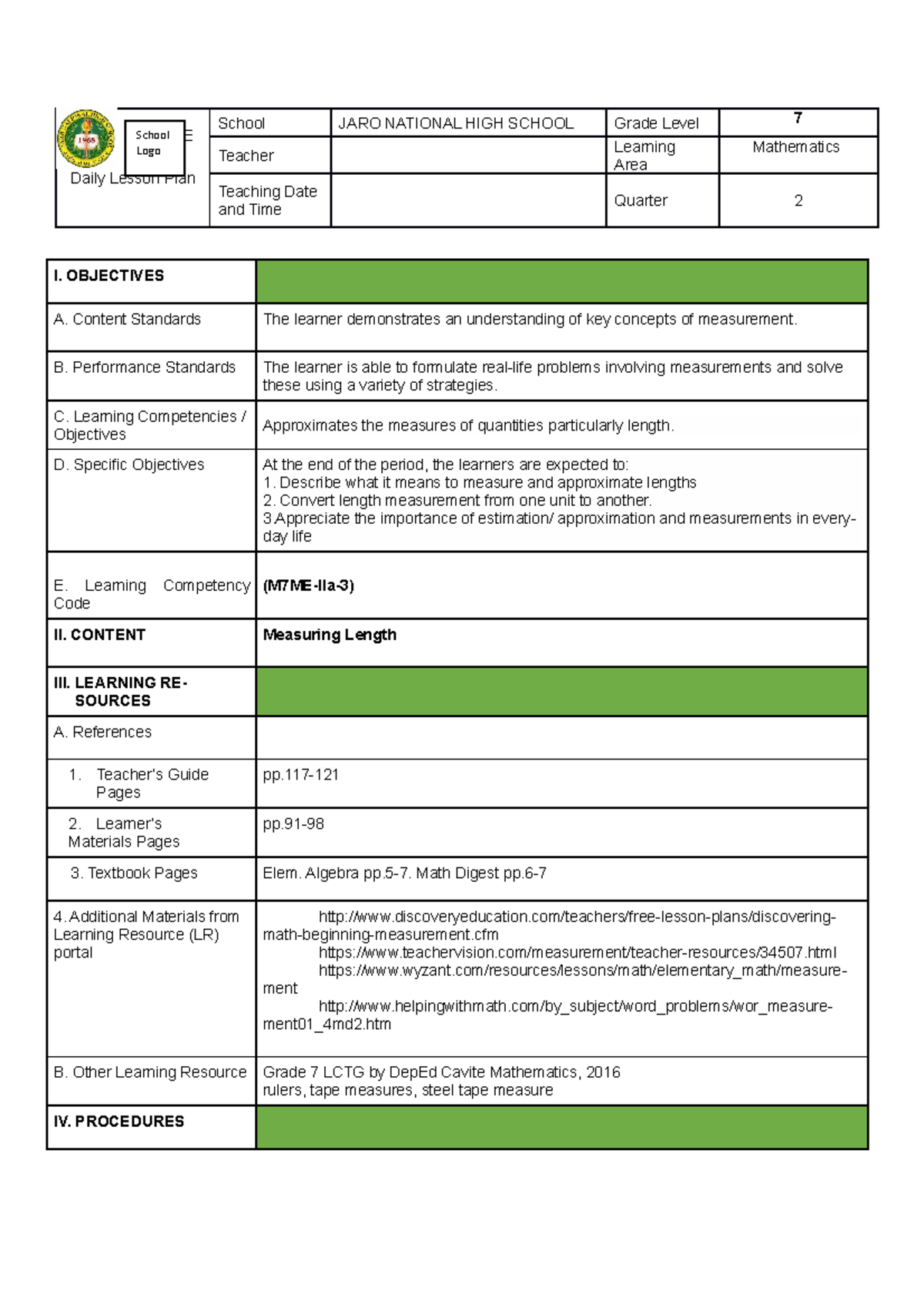 Detailed Lesson Plan Template - GRADE 7 Daily Lesson Plan School JARO ...