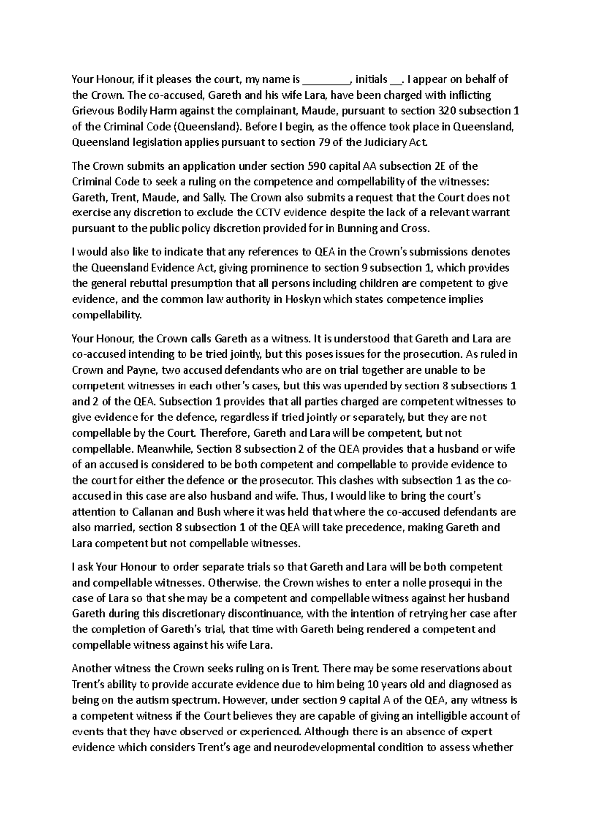 LLB303 Video Advocacy Script - Your Honour, if it pleases the court, my ...