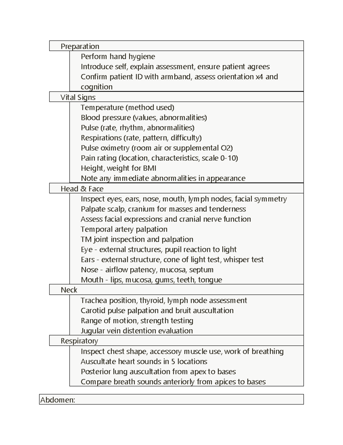 Preparation - Head to Toe Assessment guide - • Preparation • Perform ...