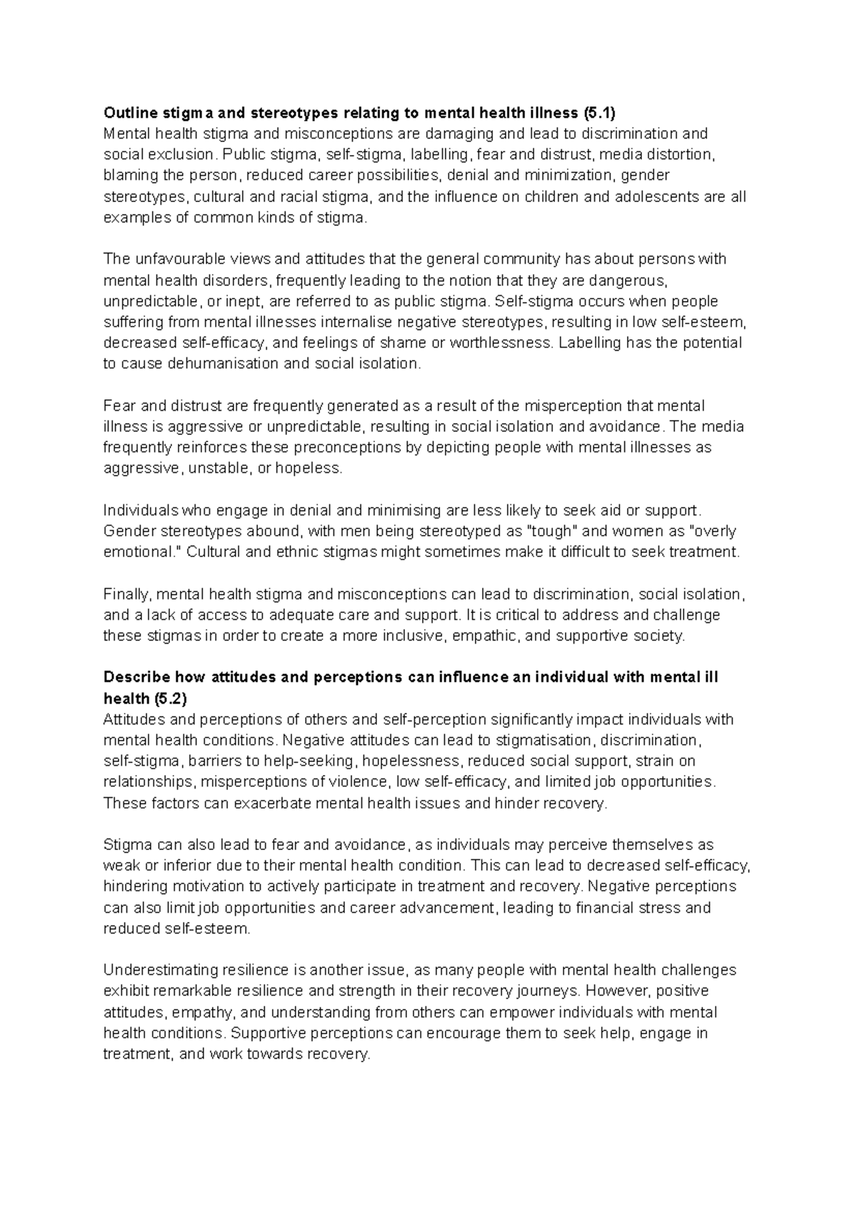 Mental ill health - Outline stigma and stereotypes relating to mental ...