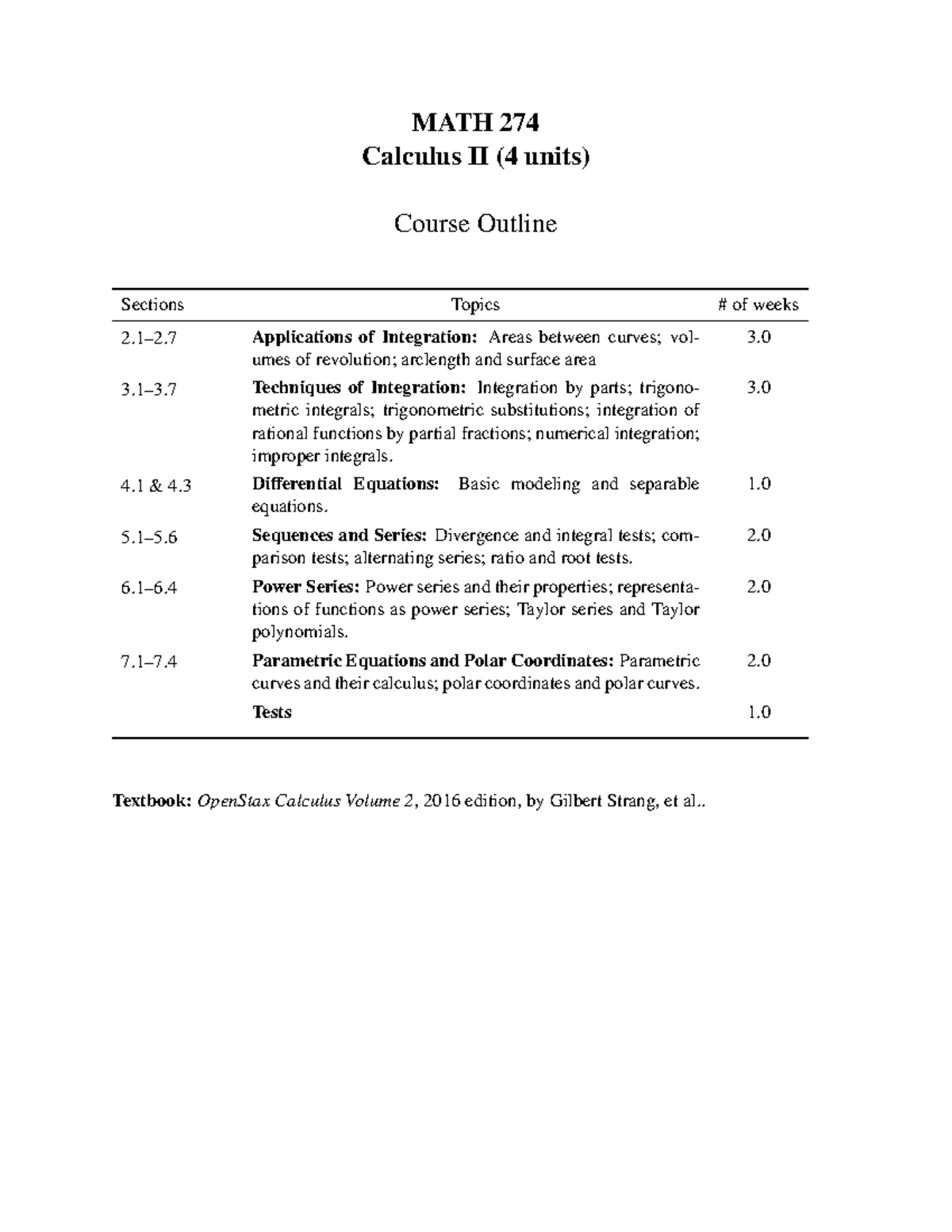274 - calculas outline - MATH 274 Calculus II (4 units) Course Outline ...