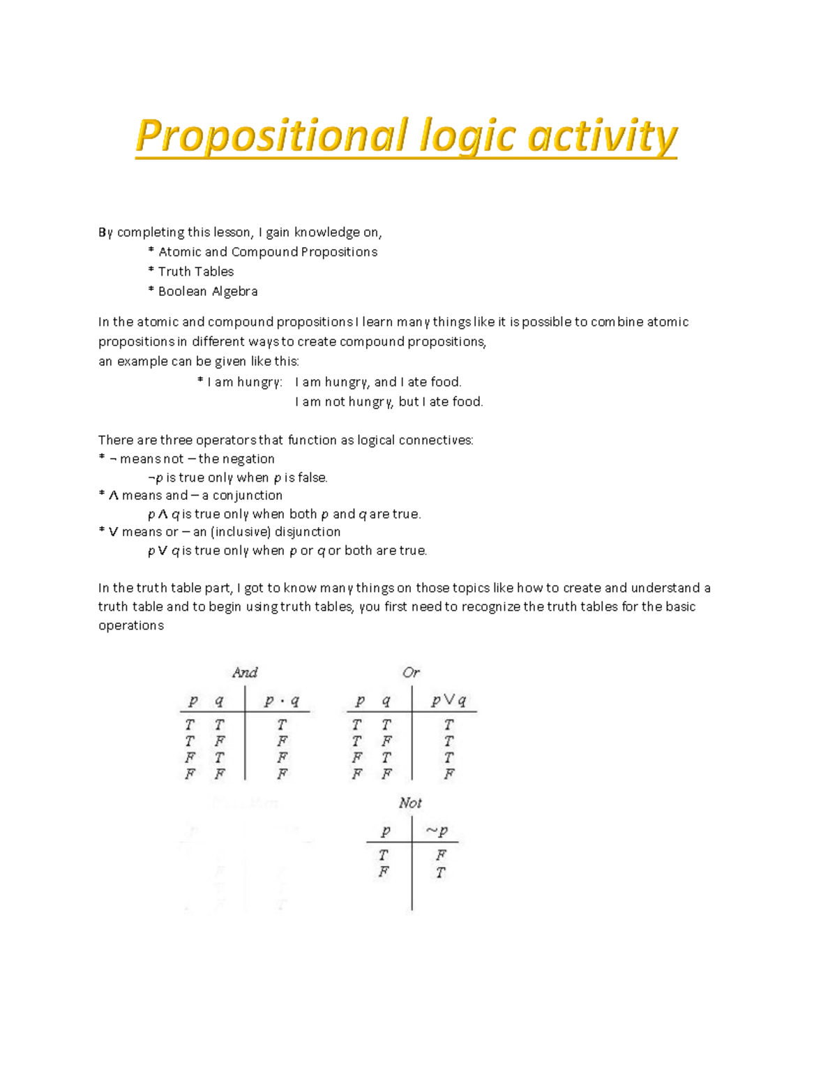 Propositional logic activity Refelective Task (BSCP CS 52 098) - By completing this lesson, I ...