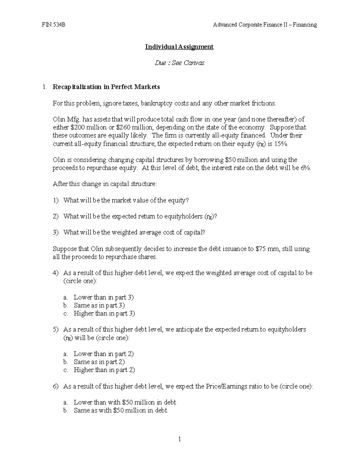 FIN534B-Individual-Assignment 2024 - Individual Assignment Due : See Canvas Recapitalization in ...