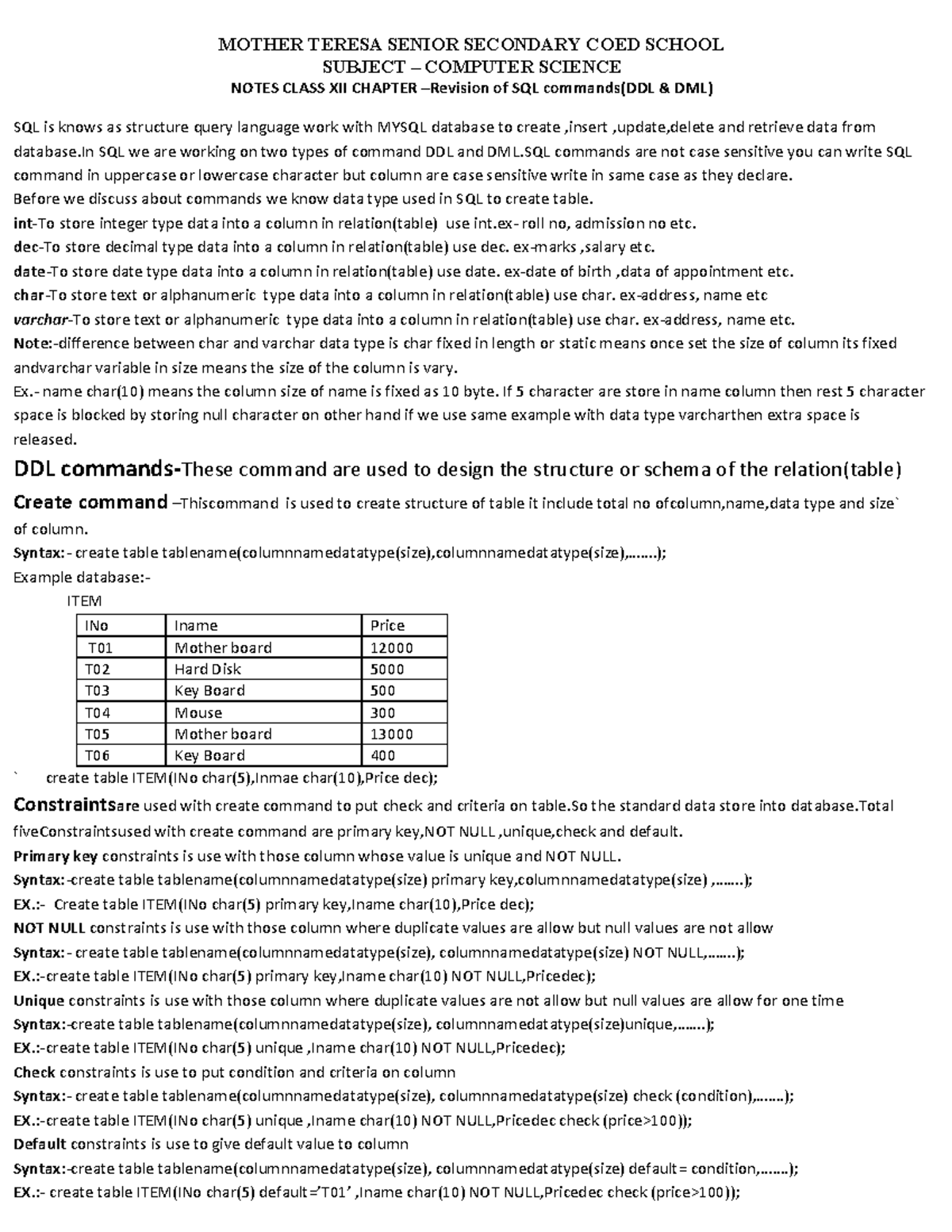 Mysql Ddl Dml Easy Notes Mother Teresa Senior Secondary Coed School Subject Computer