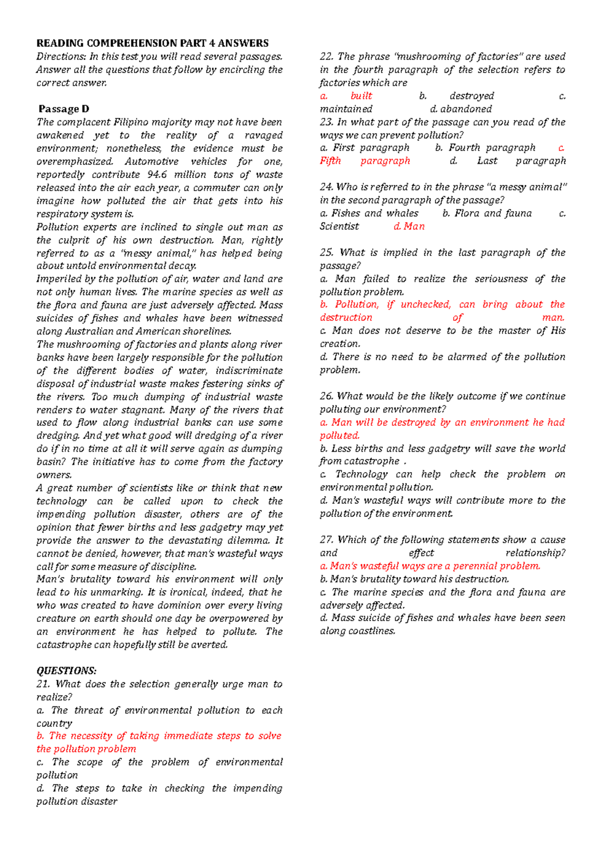 EPT Reading Comprehension PART 4 (www - Bsed Filipino - PangSU - Studocu