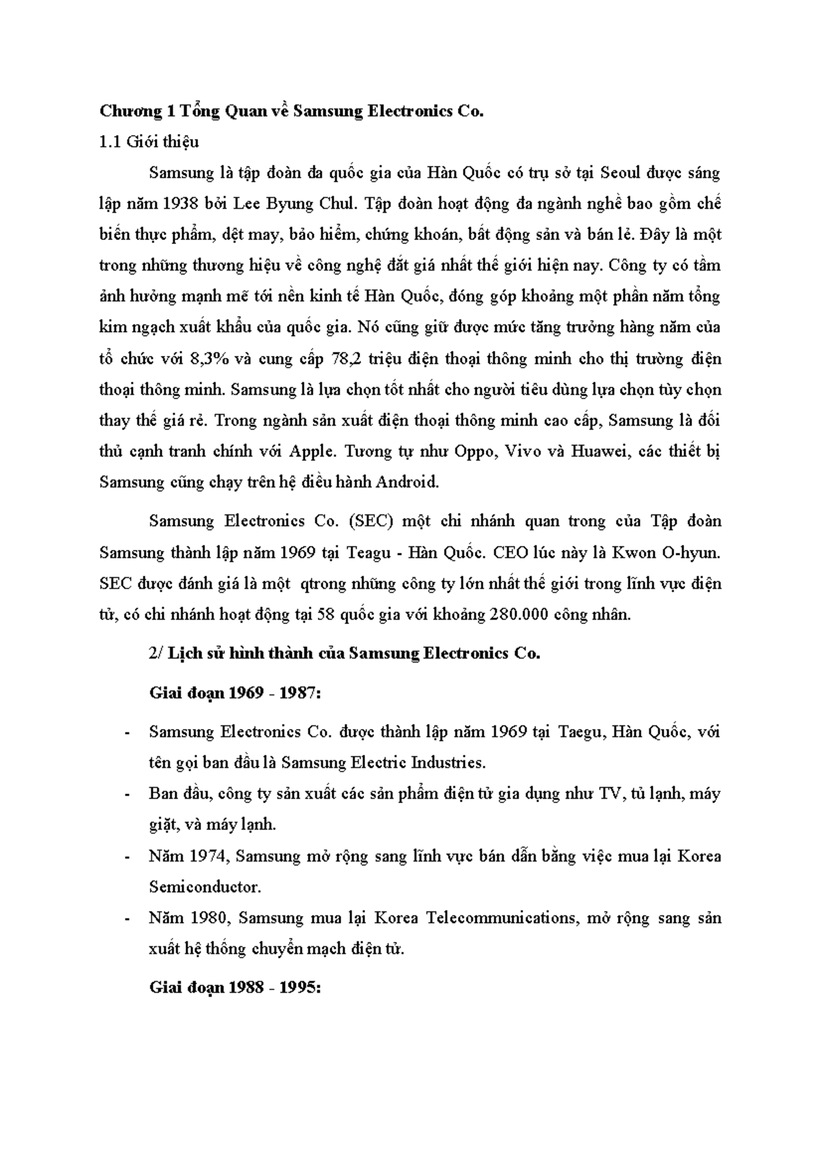 Samsung - eqwe - Chương 1 Tổng Quan về Samsung Electronics Co. 1 Giới ...