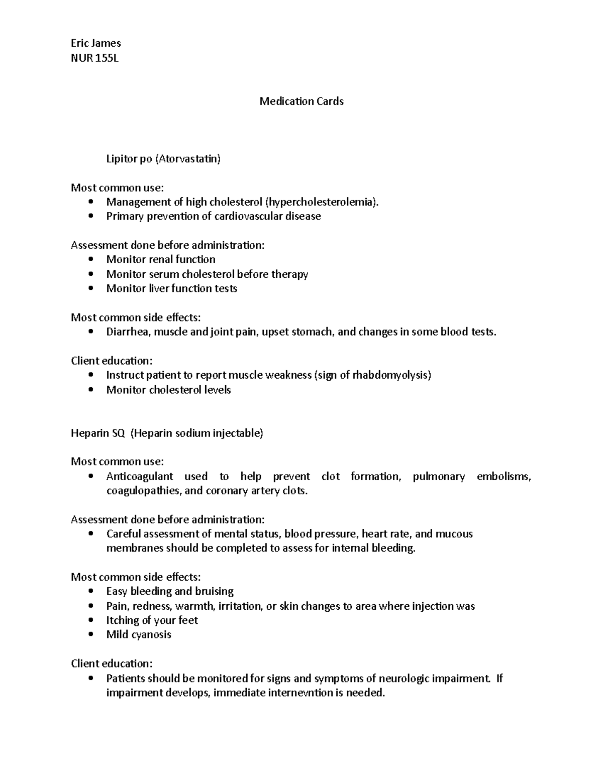 Medication Cards - Nursing help - NUR 155L Medication Cards Lipitor po ...