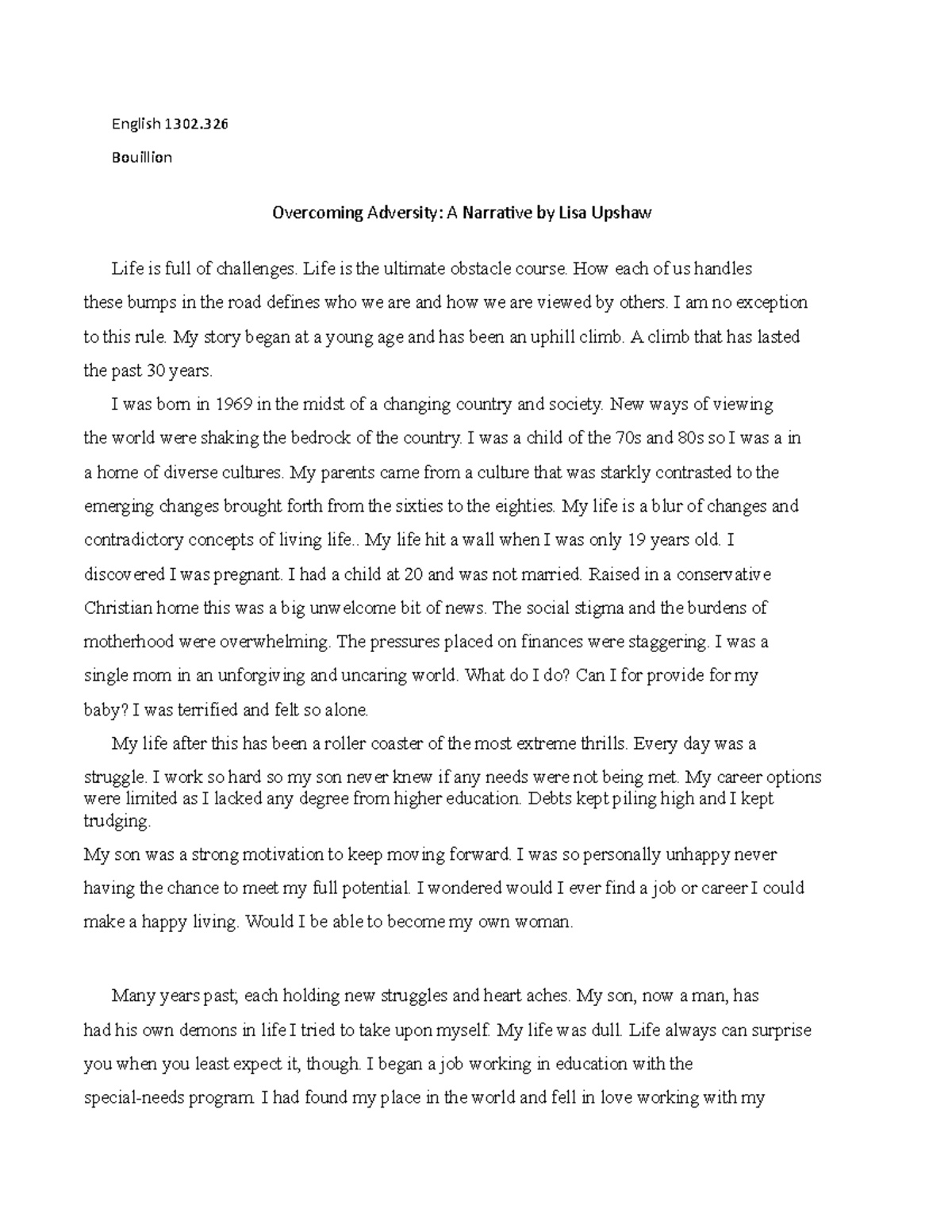 English 1302 - Paper - English 1302. Bouillion Overcoming Adversity: A ...