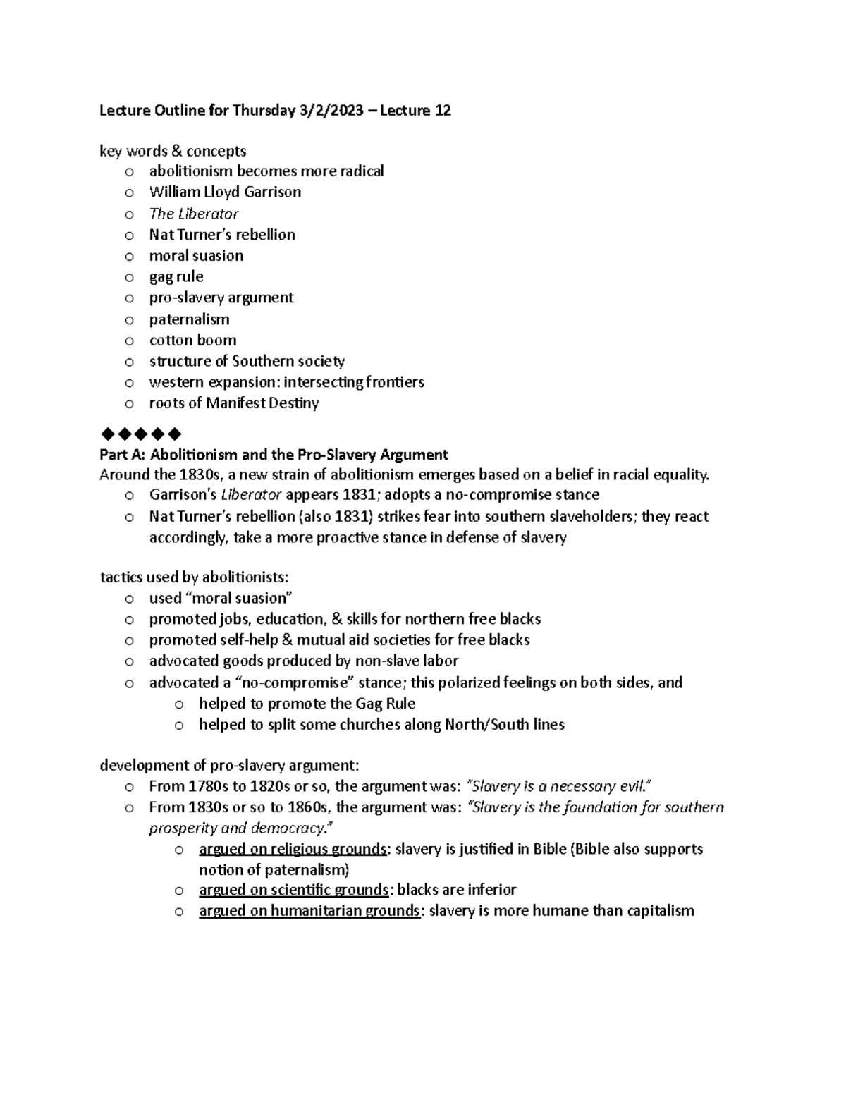 Lecture 12 outline - Dr. Gabrielle Lanier - Lecture Outline for Thursday 3/2/2023 – Lecture 12 ...