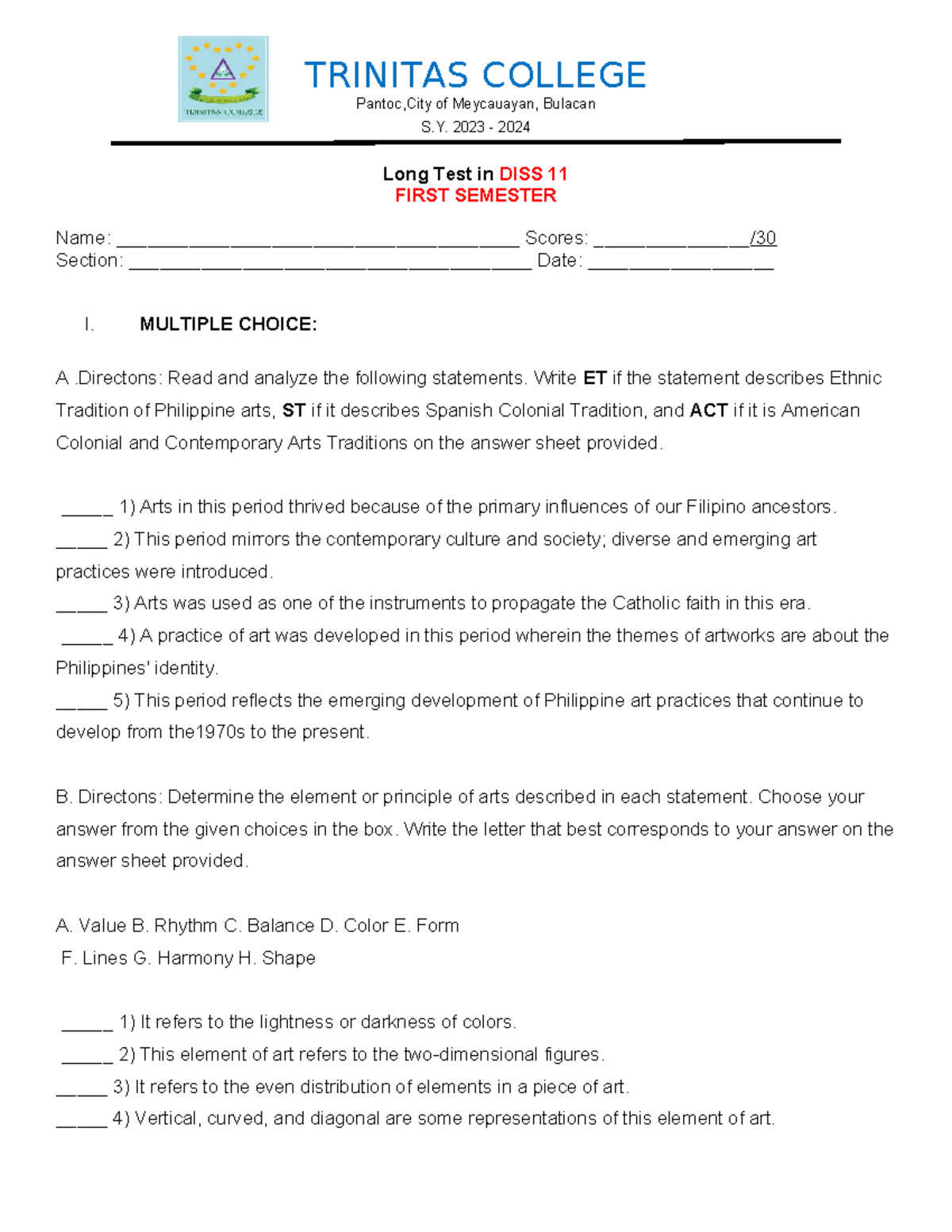 LONG-TEST-CPAR - TRINITAS COLLEGE Pantoc,City of Meycauayan, Bulacan S ...