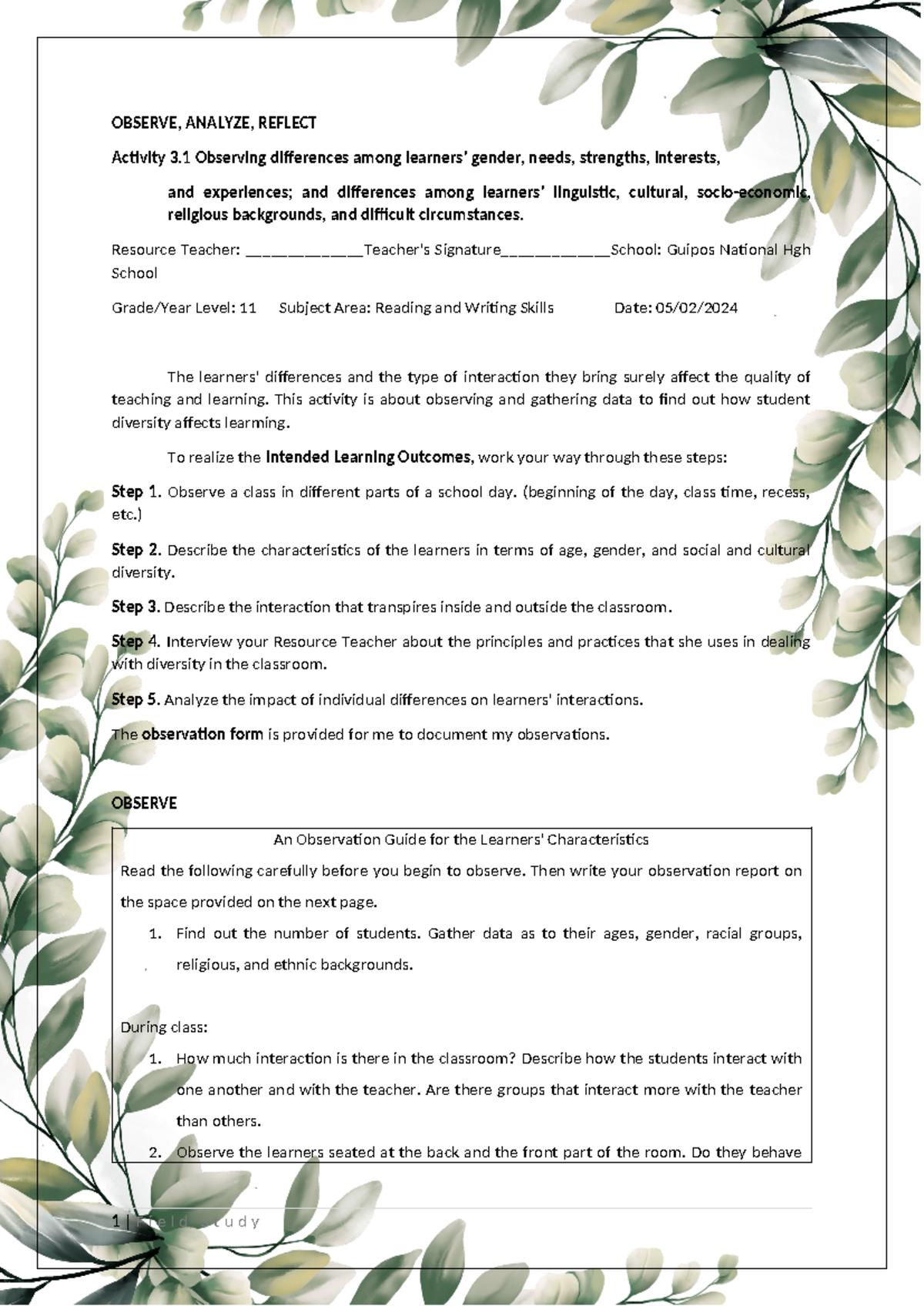 FS-3- Sheila - ggg - OBSERVE, ANALYZE, REFLECT Activity 3 Observing ...