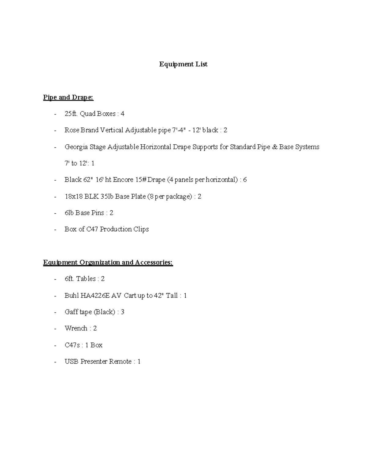 AUD229 Lab Final Equipment List - Equipment List Pipe and Drape: - 25ft ...
