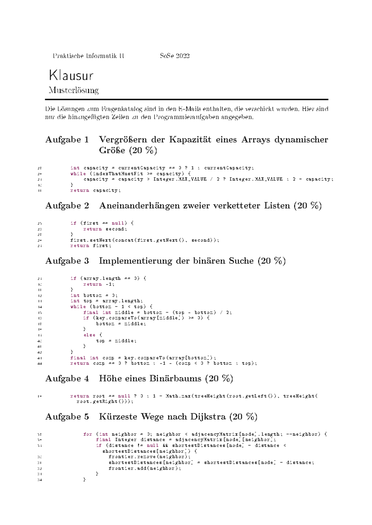 Loesung Klausur - Praktische Informatik II SoSe 2022 Klausur ...