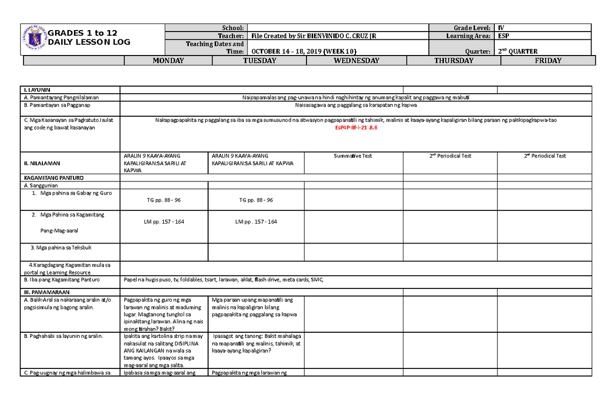DLL ESP 4 Q2 W10 - Educational notes and terms. - GRADES 1 to 12 DAILY ...