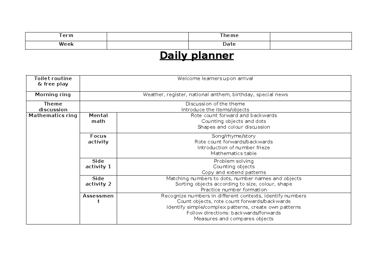 Grade r daily planner - Trying to compare for my submission of an ...