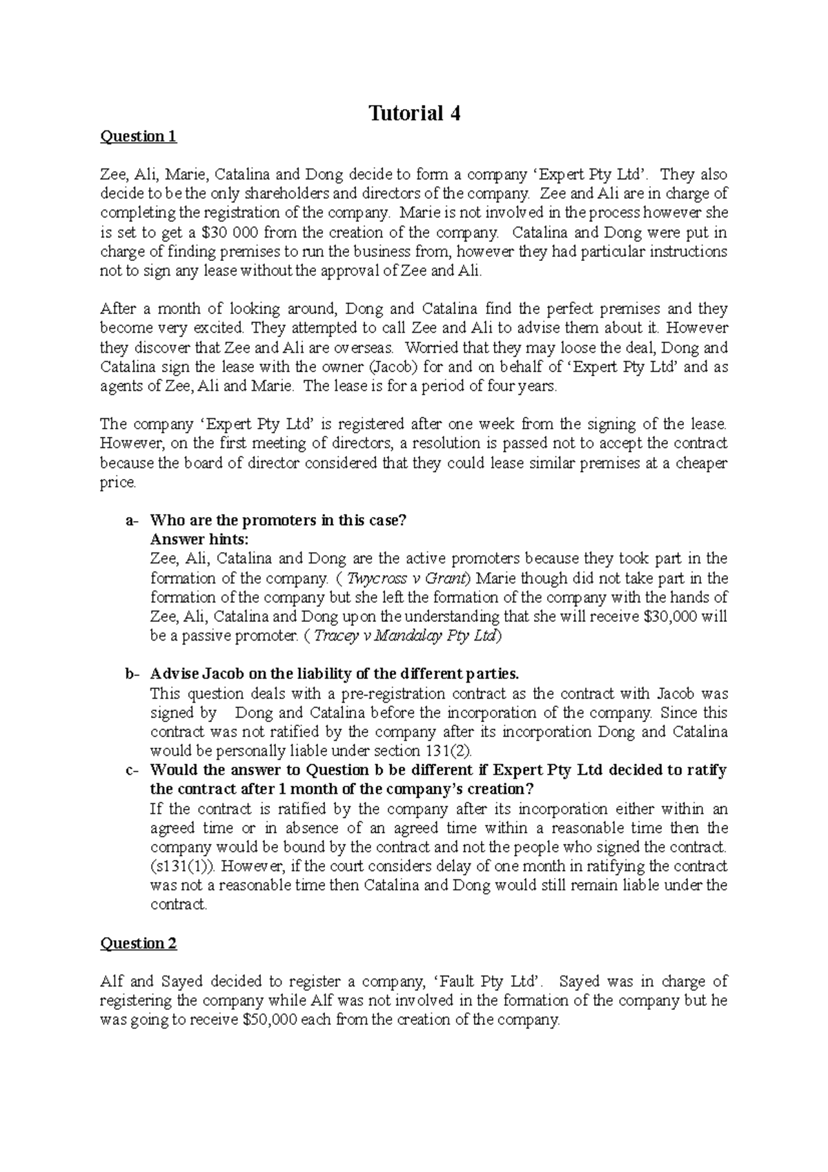 Tutorial 4 Answers (Unit - 100183) - Tutorial 4 Question 1 Zee, Ali ...