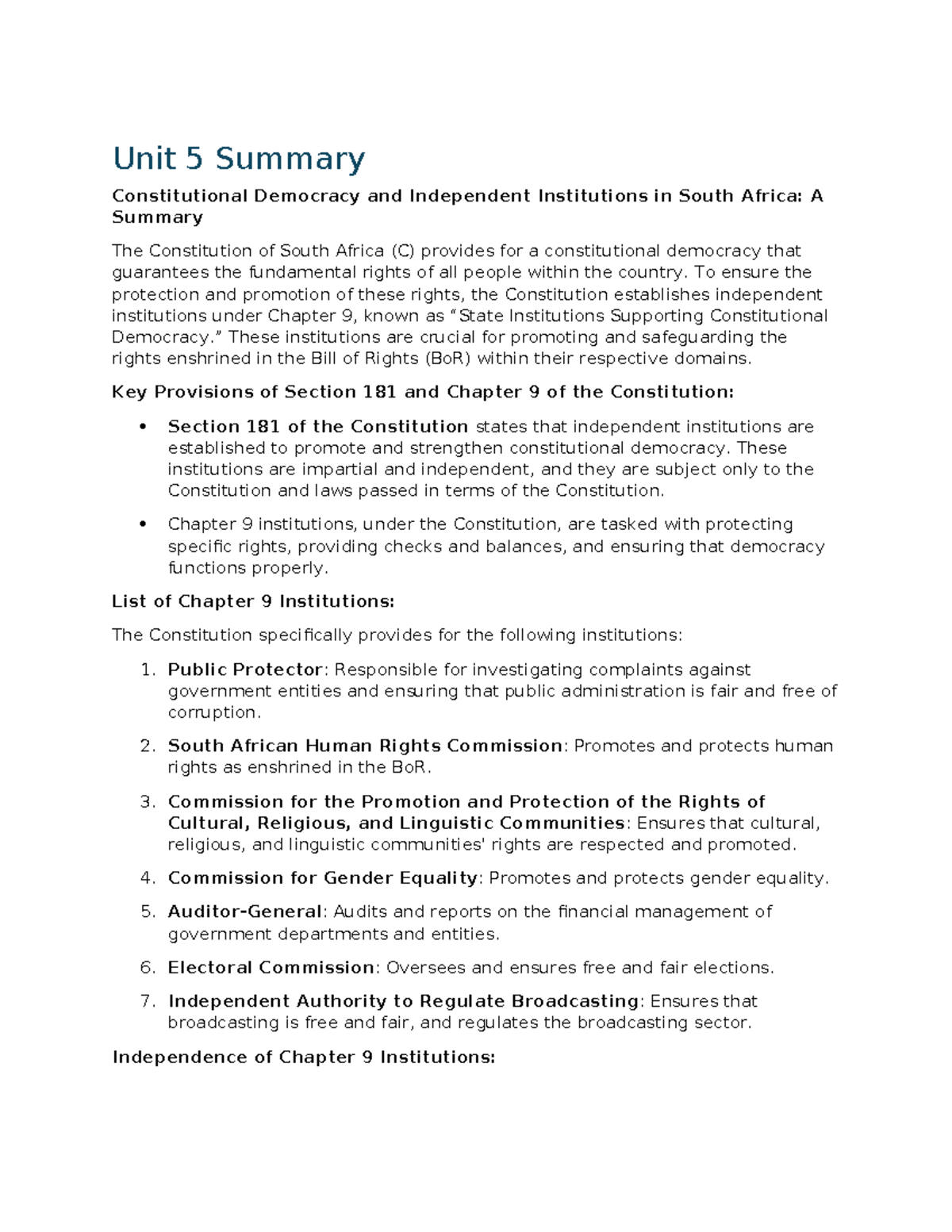 Unit 5 summary - Unit 5 Summary Constitutional Democracy and ...