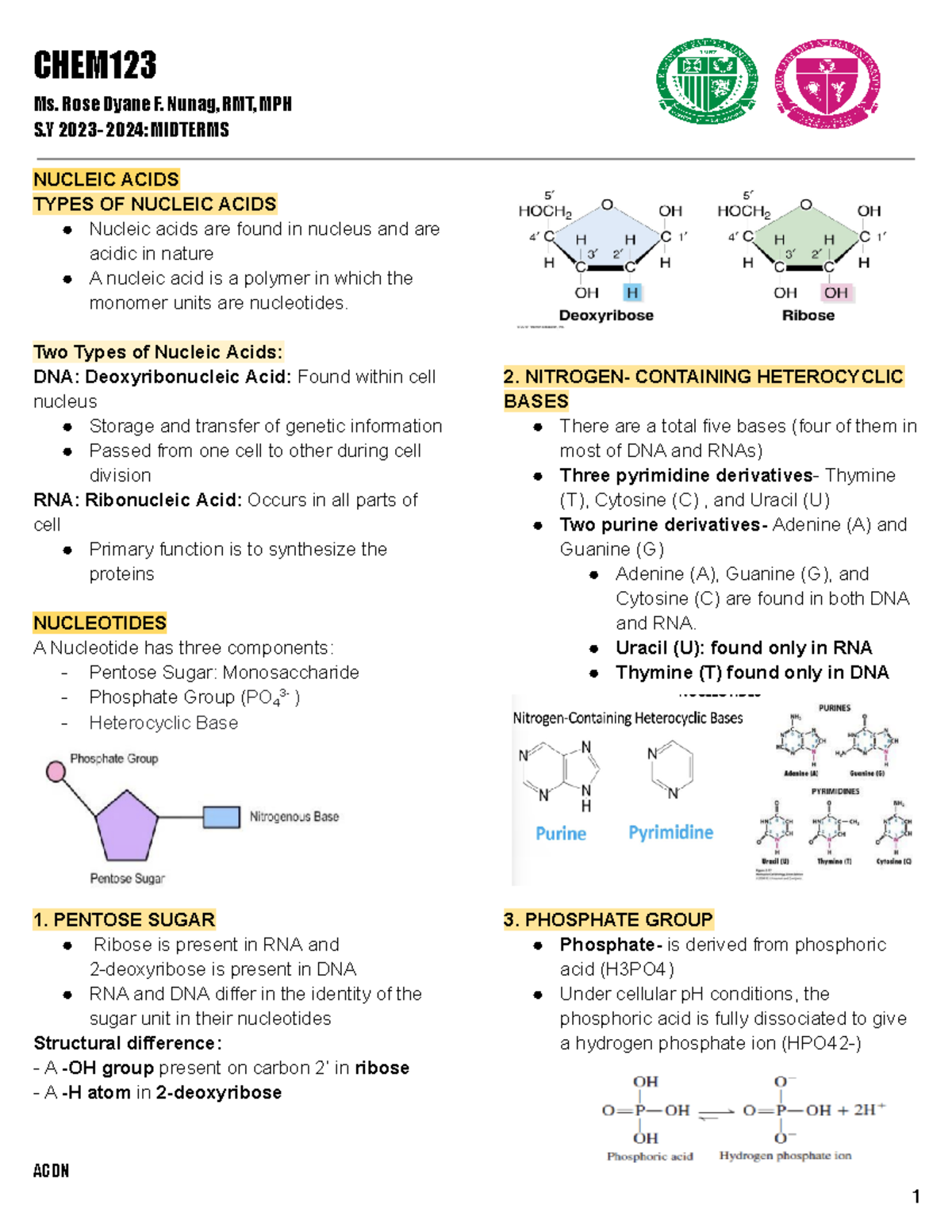 CHEM123- Nucleic Acids - CHEM Ms. Rose Dyane F. Nunag, RMT, MPH S 2023 ...