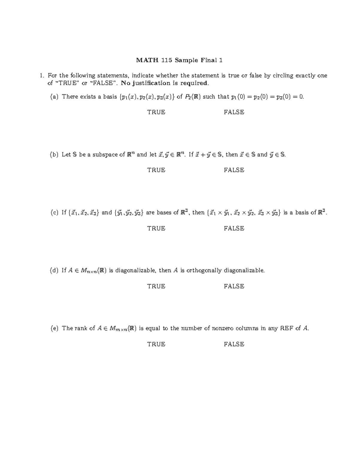 Math115sample Final 1 Math 115 Sample Final 1 For The Following Statements Indicate Whether