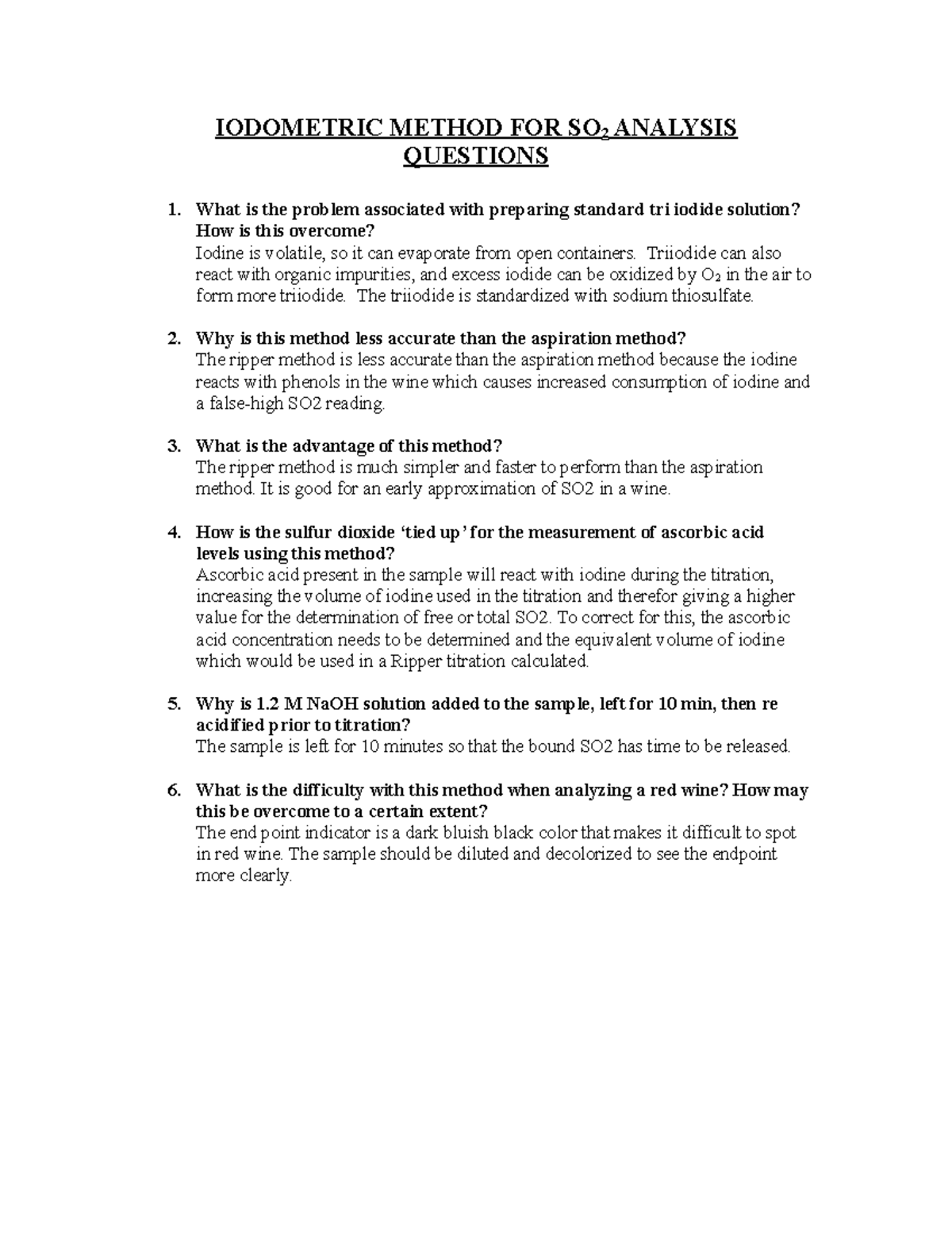 Iodometric Method FOR SO2 Analysis Questions - IODOMETRIC METHOD FOR SO ...