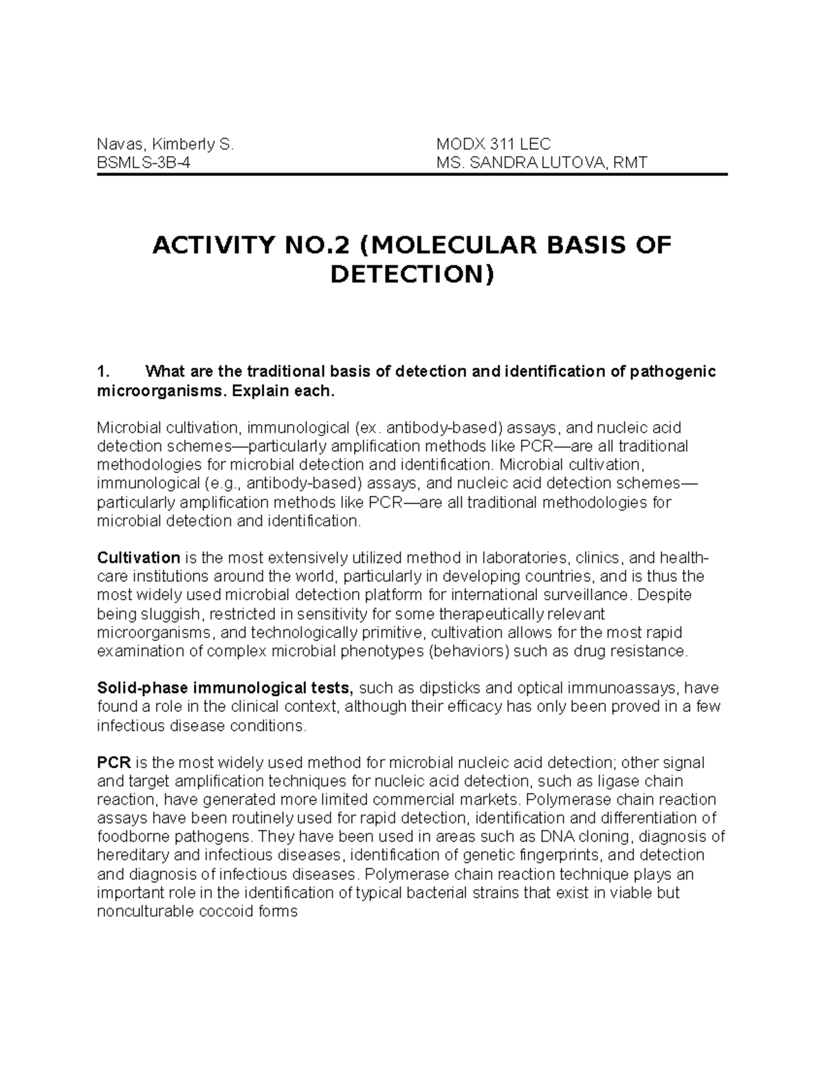 Activity NO.2 ( Molecular Basis OF Detection) - Navas, Kimberly S. MODX ...