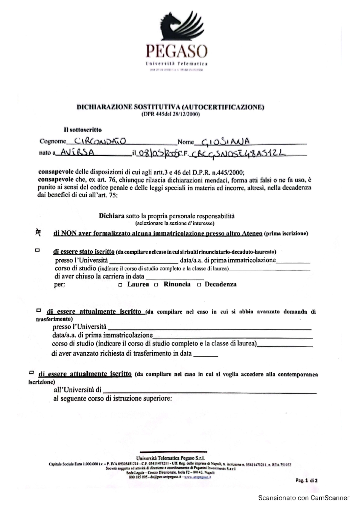 Cam Scanner 31-10-2024 15 - PEGASO Università Telematica DICHIARAZIONE ...