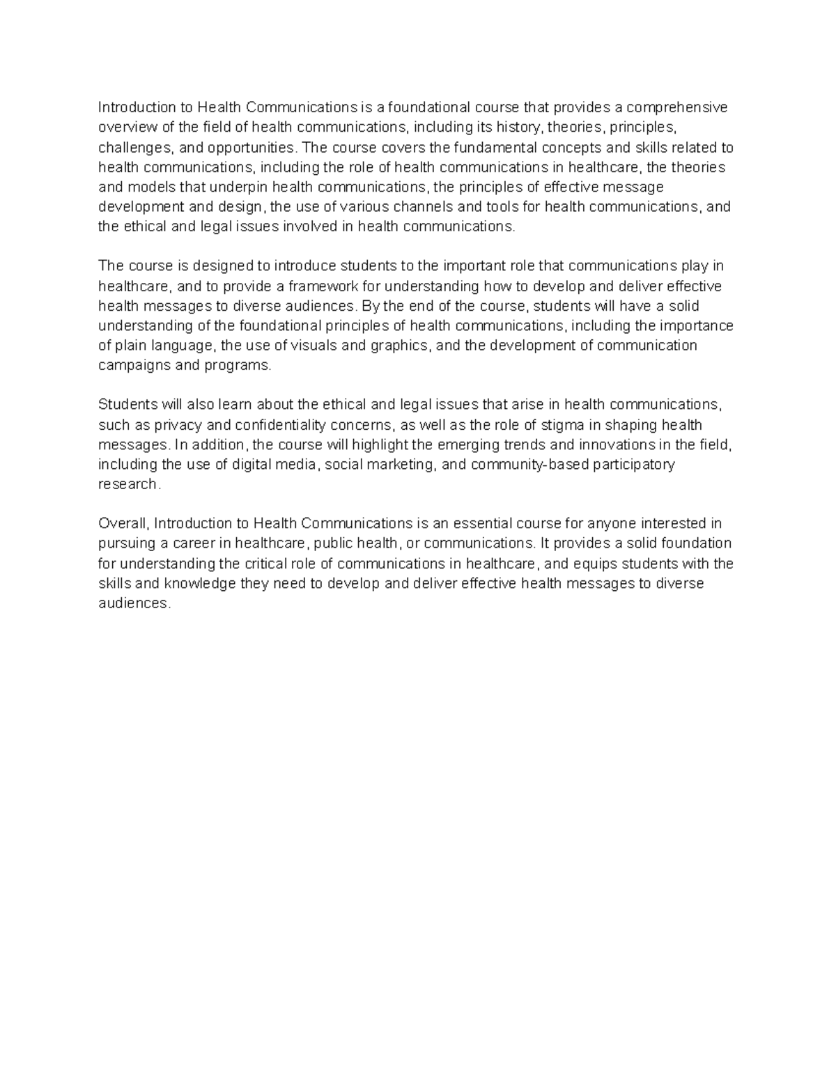 Introduction to Health Communications - The course covers the ...