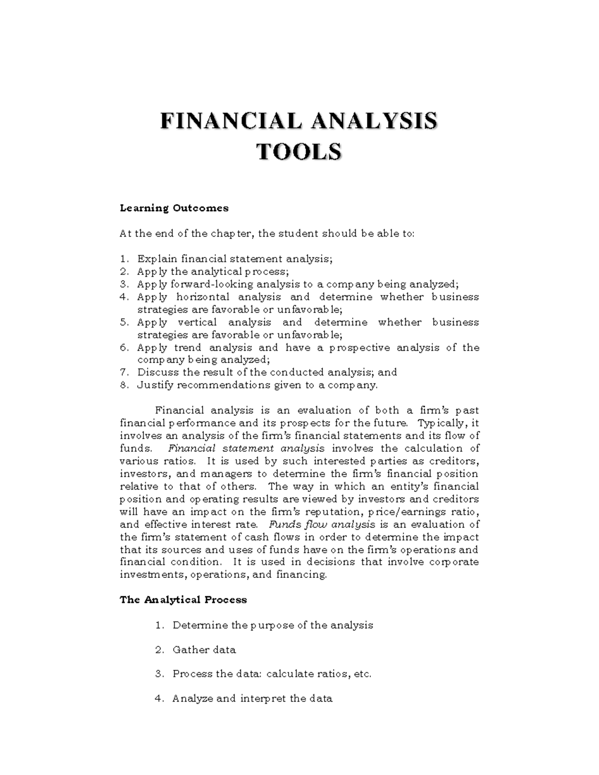 Financial Analysis TOOL - FINANCIAL ANALYSIS TOOLS Learning Outcomes At ...