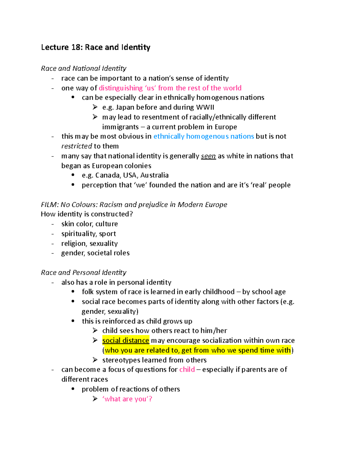 Lecture 18 - notes - Lecture 18: Race and Identity Race and National ...