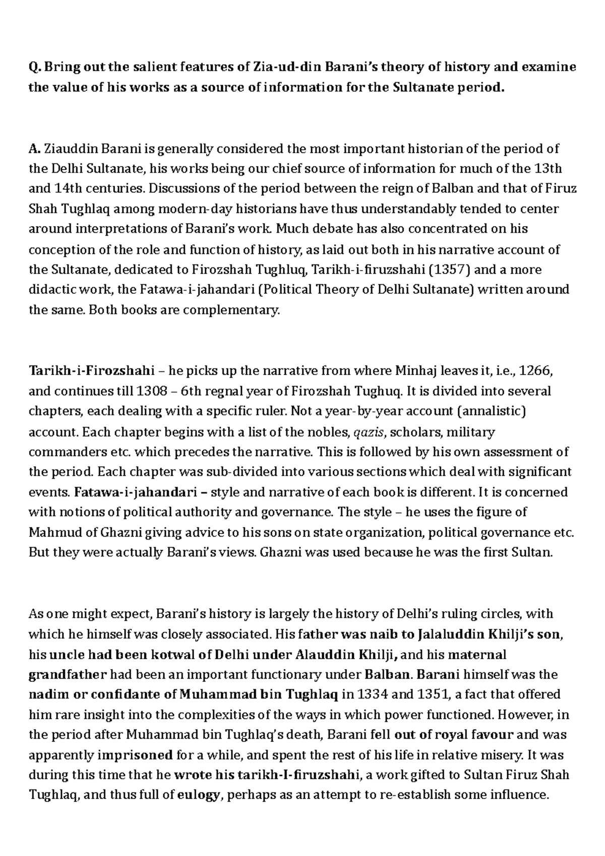 Zia ud Din Barani s theory of History - Q. Bring out the salient ...