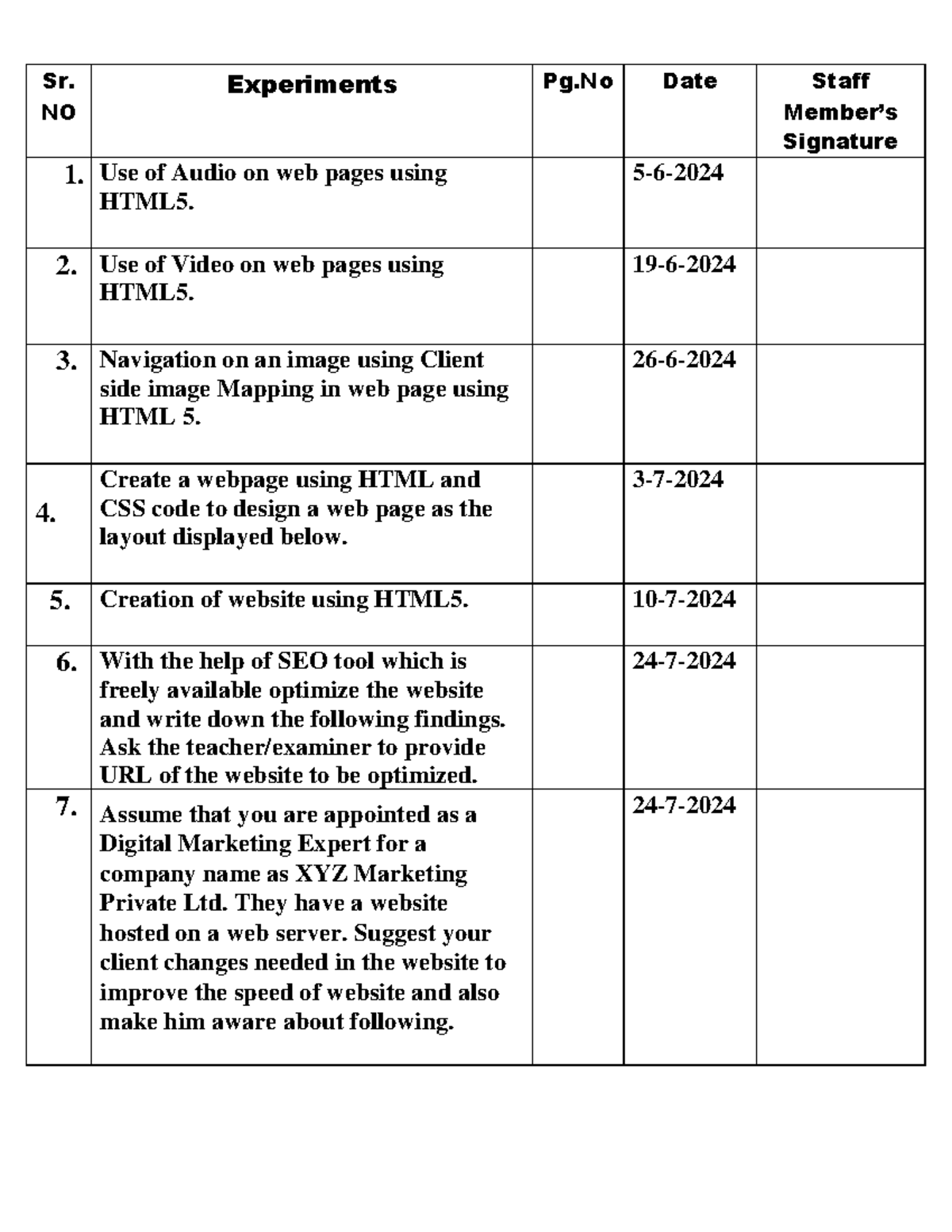 XII A COM Index for Practicals - Sr. NO Experiments Pg Date Staff Member’s Signature 1. Use of ...