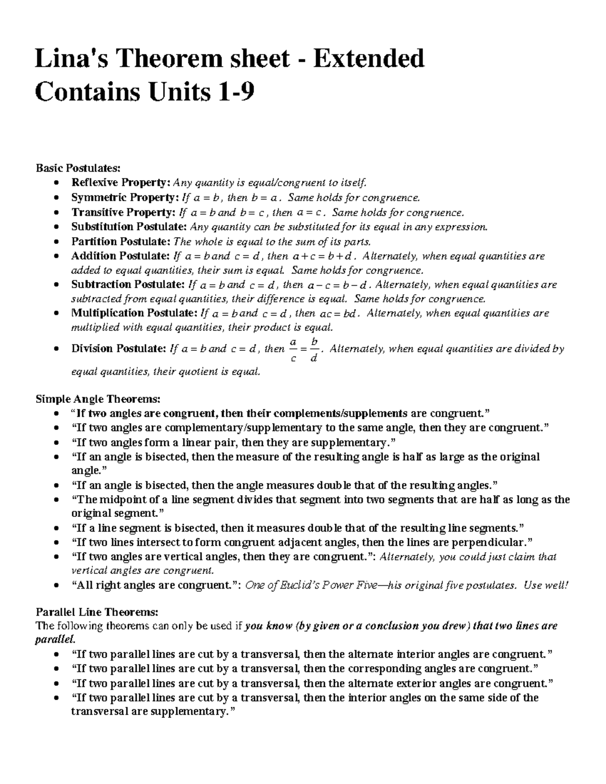 Lina's Theorem Sheet - Stuff to know about geometry - Basic Postulates ...
