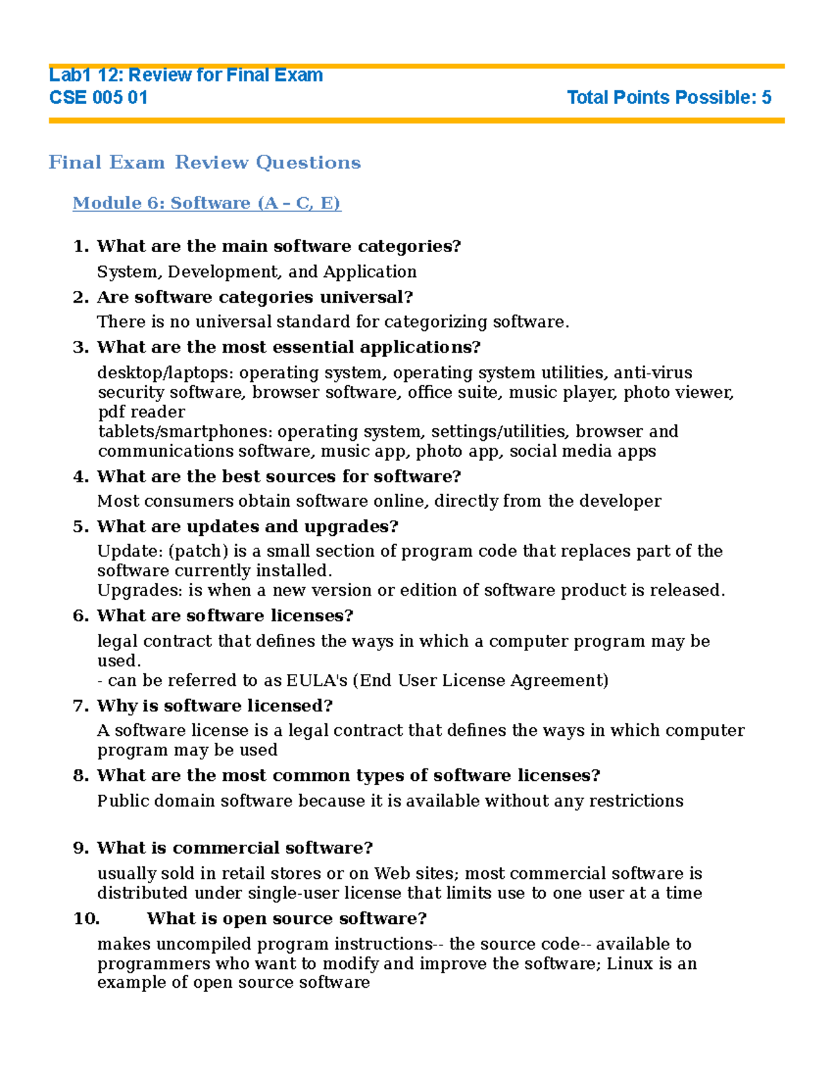 CSE 005 Final Review - CSE 005 01 Total Points Possible: 5 Final Exam ...