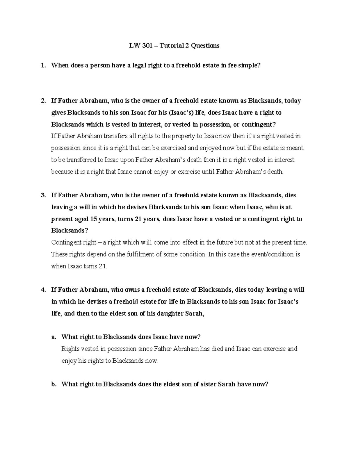 LW 301 Tutorial 2 - Good - LW 301 – Tutorial 2 Questions When does a ...