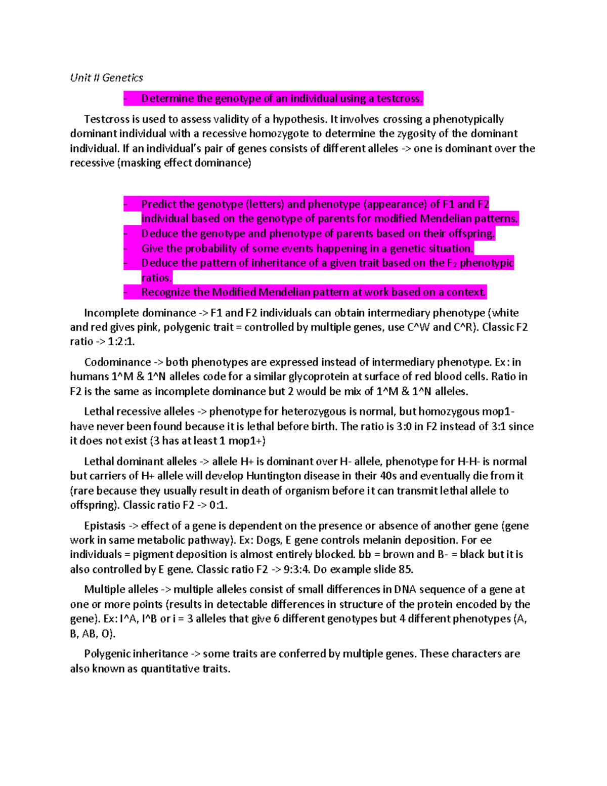 Study guide 2 bio - Unit II Genetics - Determine the genotype of an ...