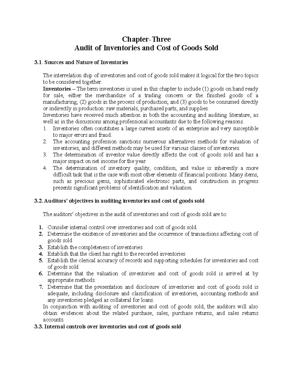 Auditing 2 03 Accounting Lecture Chapter Three Audit Of Inventories And Cost Of Goods Sold