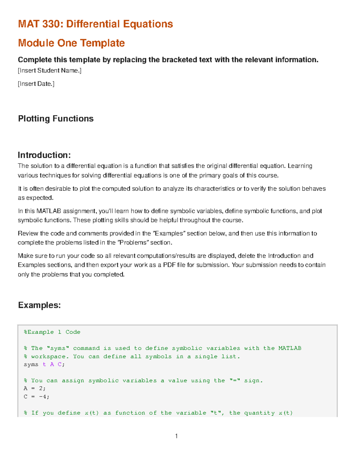 MAT330 Module One Template - MAT 330: Differential Equations Module One ...