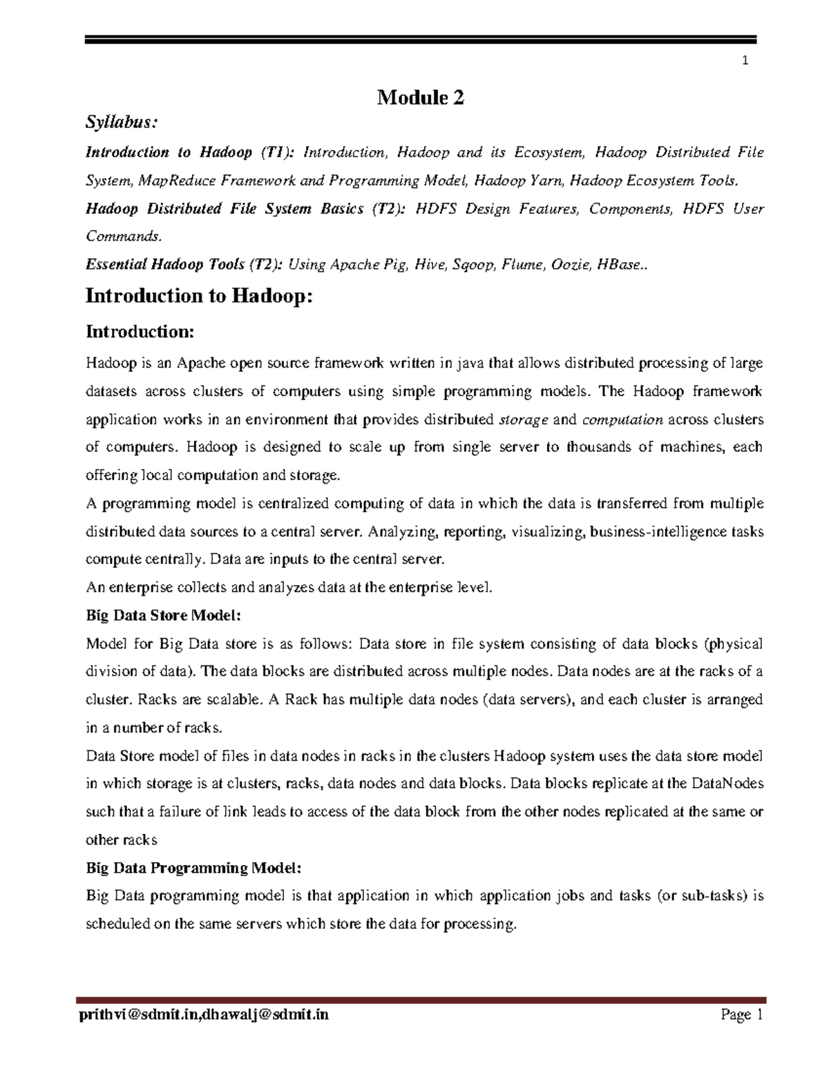 Big Data Module 2 - notes - Module 2 Syllabus: Introduction to Hadoop ...