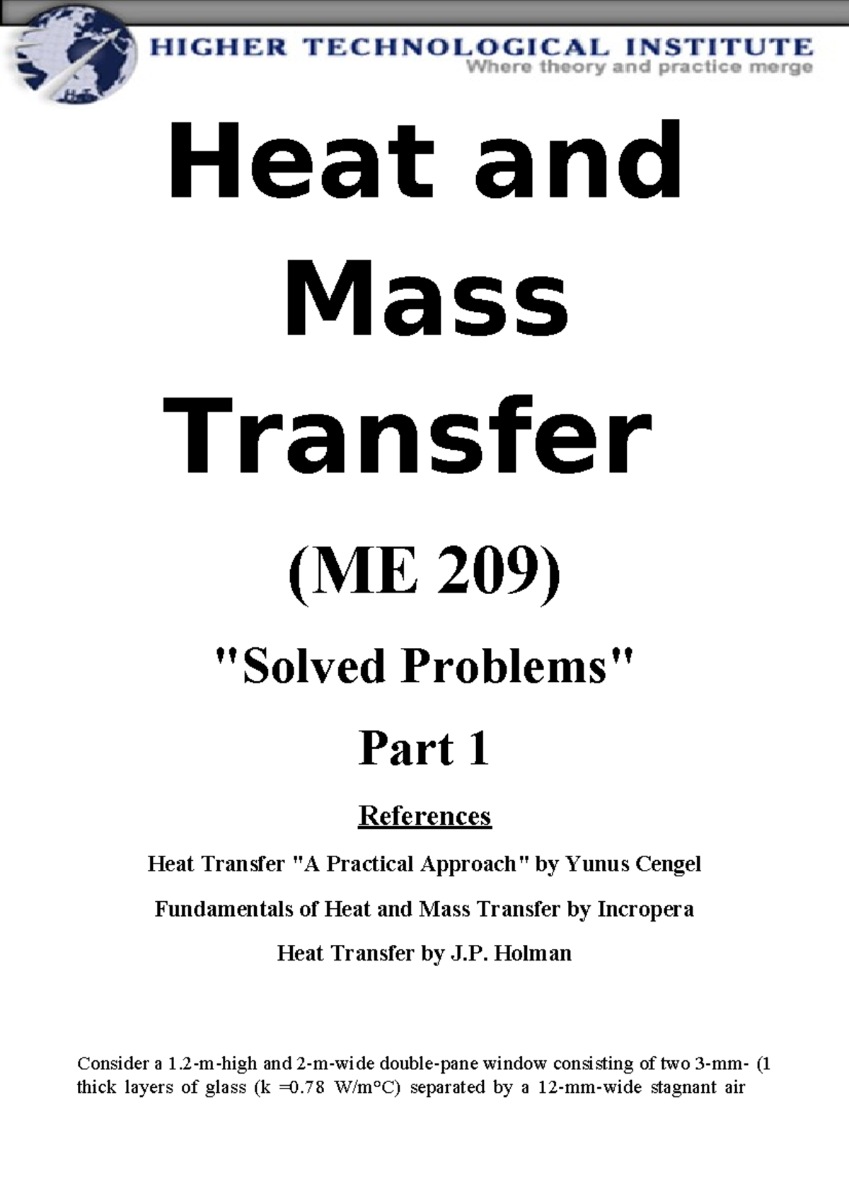 Pdfcoffee - Helpful materials - Heat and Mass Transfer (ME 209) "Solved Problems" Part 1 - Studocu