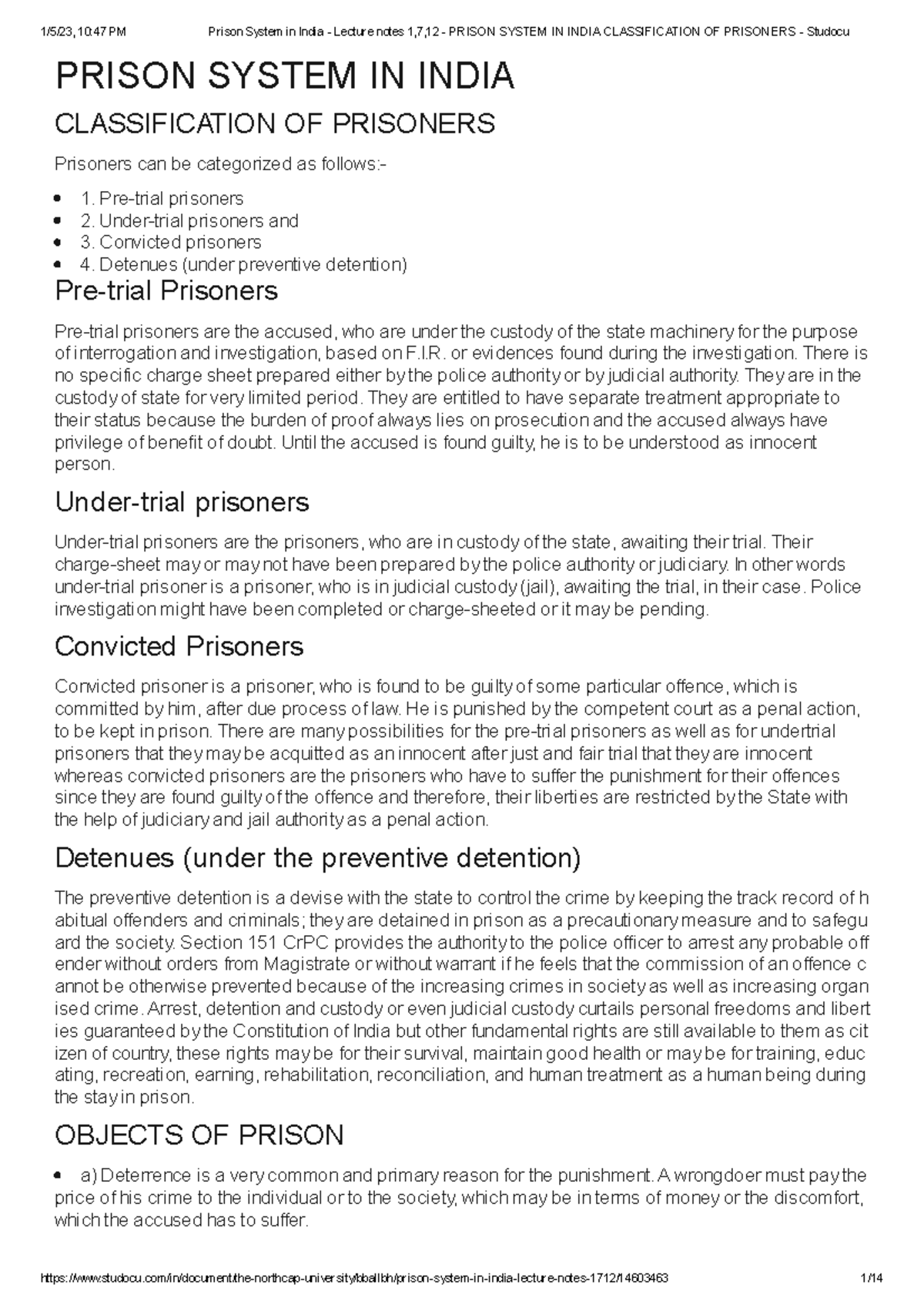 Prison System in India - Lecture notes 1,7,12 - Prison System IN India ...